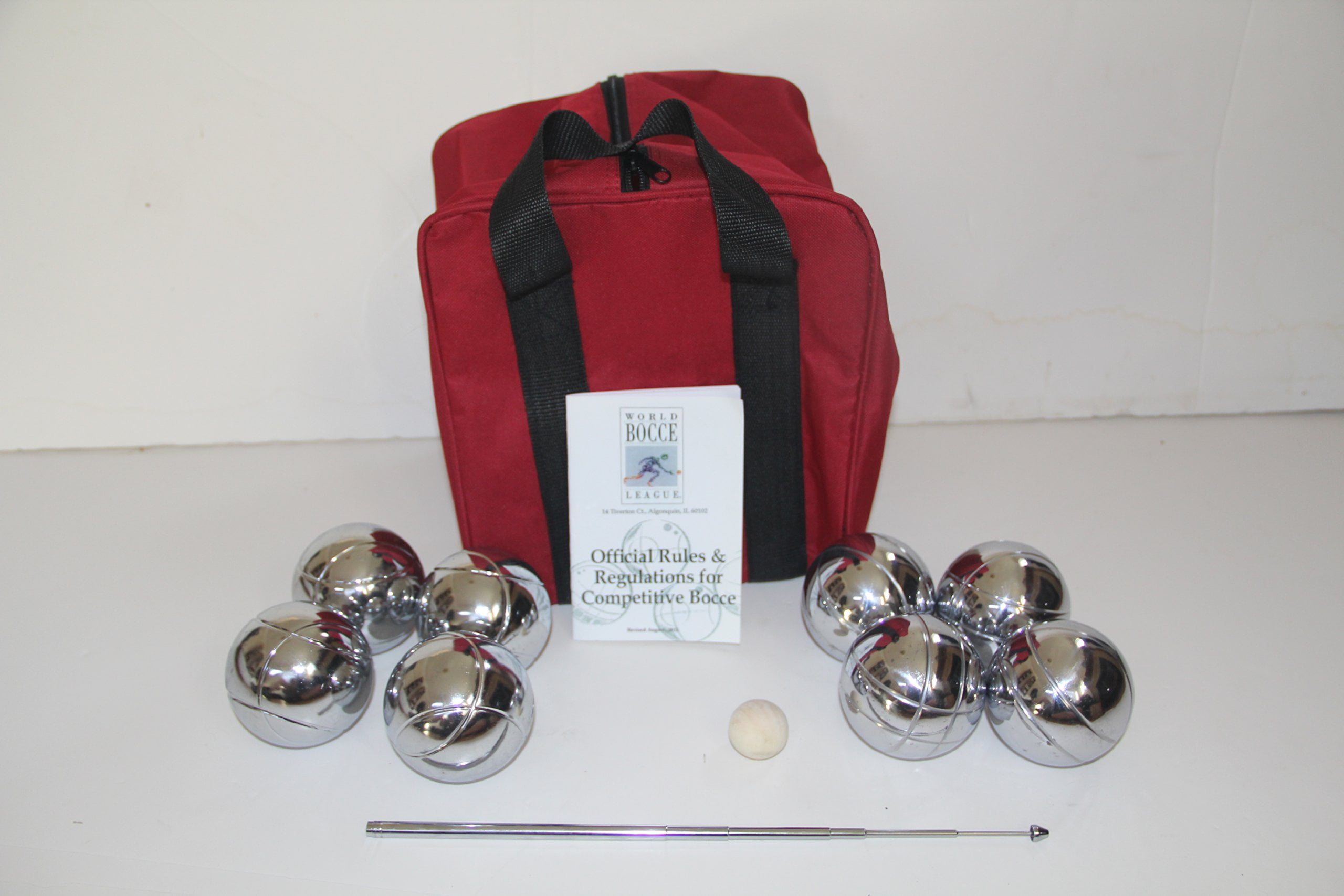 Unique 73mm Petanque/Bocce Pack - with 8 Silver Balls, red Nylon case, Rule Book and extendable ...