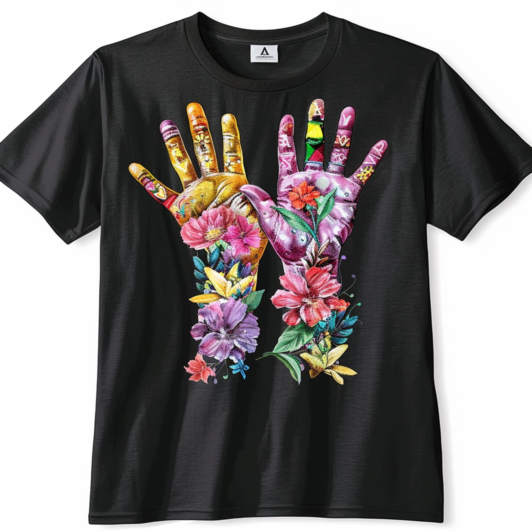 Unique ASL Hand Sign & Colorful Flowers Design on Black TShirt Perfect ...