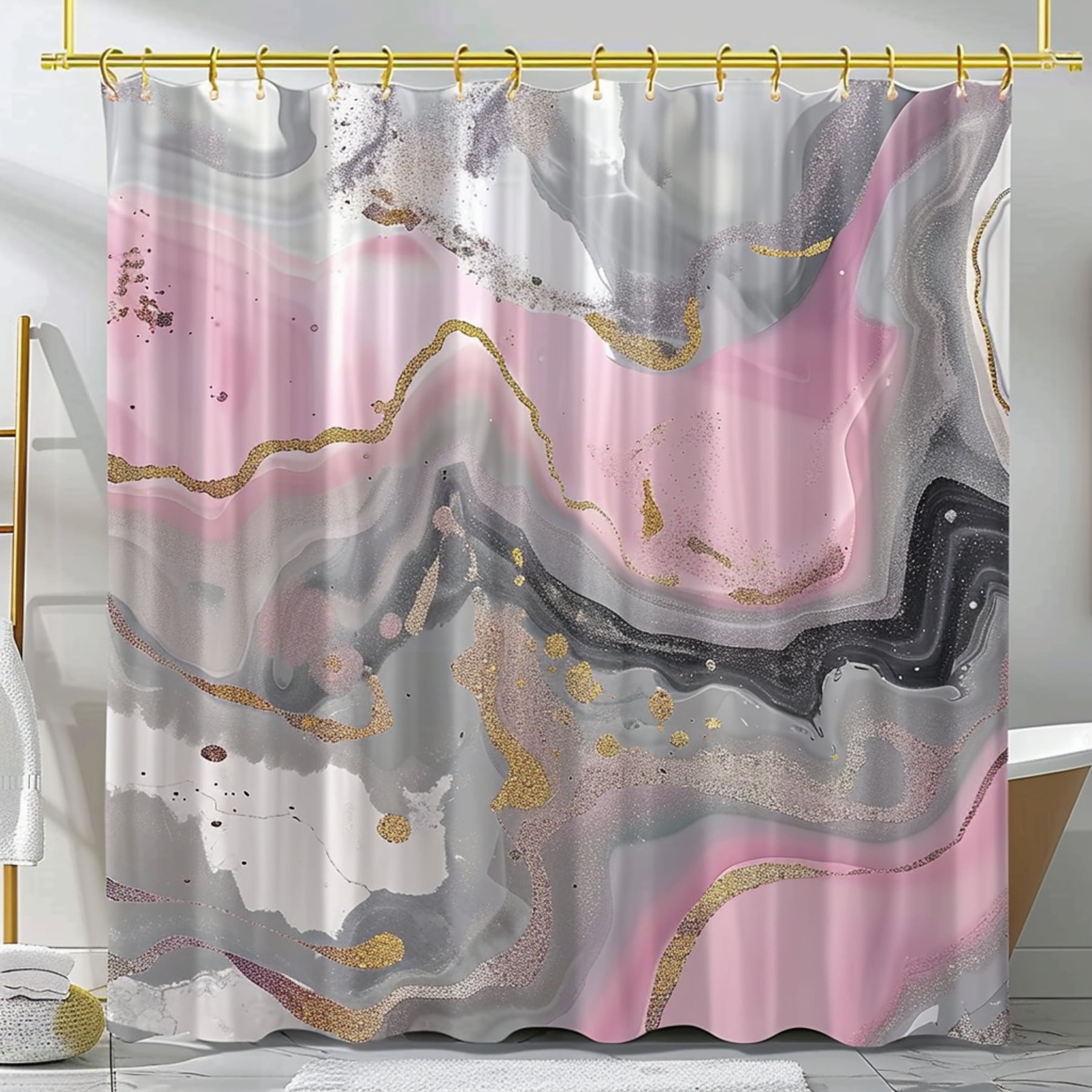 Unique Abstract Marble Texture Shower Curtain In Pink And Grey With