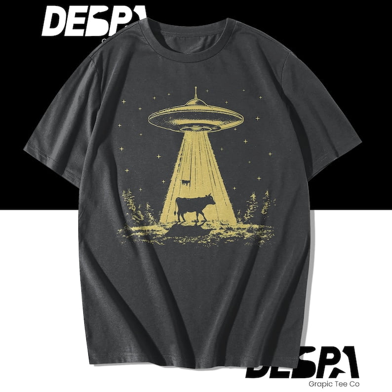 Unique Alien Cow Abduction Design Tee, Funny Cow Abducted, Trendy UFO ...