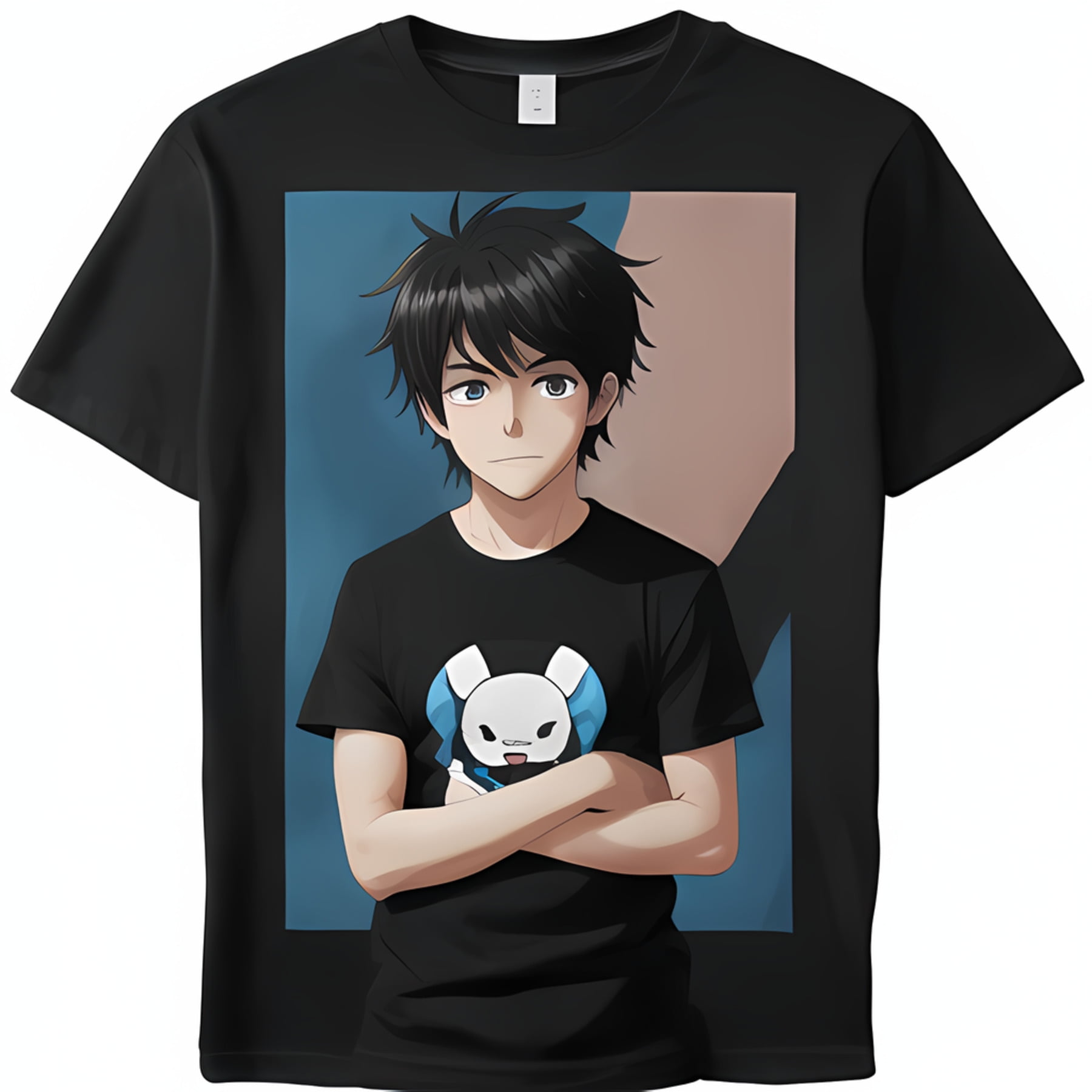 Unique Anime Inspired Black T-Shirt with Portrait and Blue Bunny Logo ...