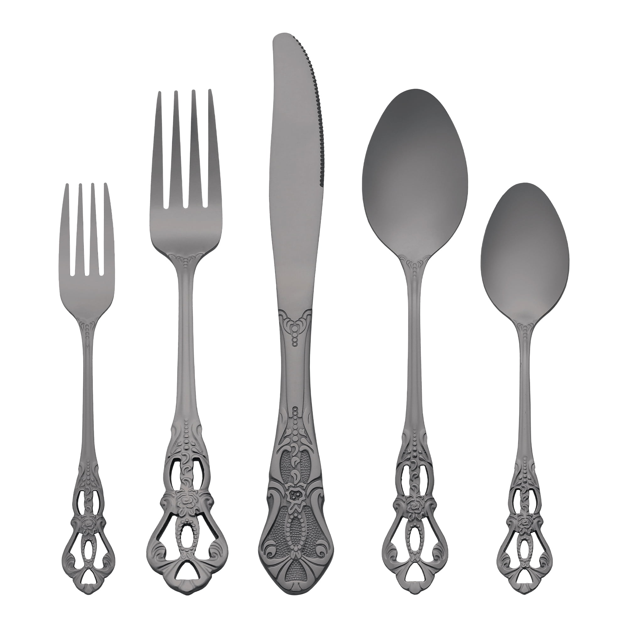 Unique Bargains 20 Piece Stainless Steel Floral Flatware Set Black ...