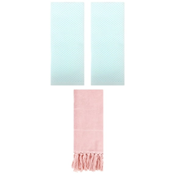 Unique Bargains 3 Pcs Tassels Waffle Hand Towel Pink/Light Cyan 14"x30 ...