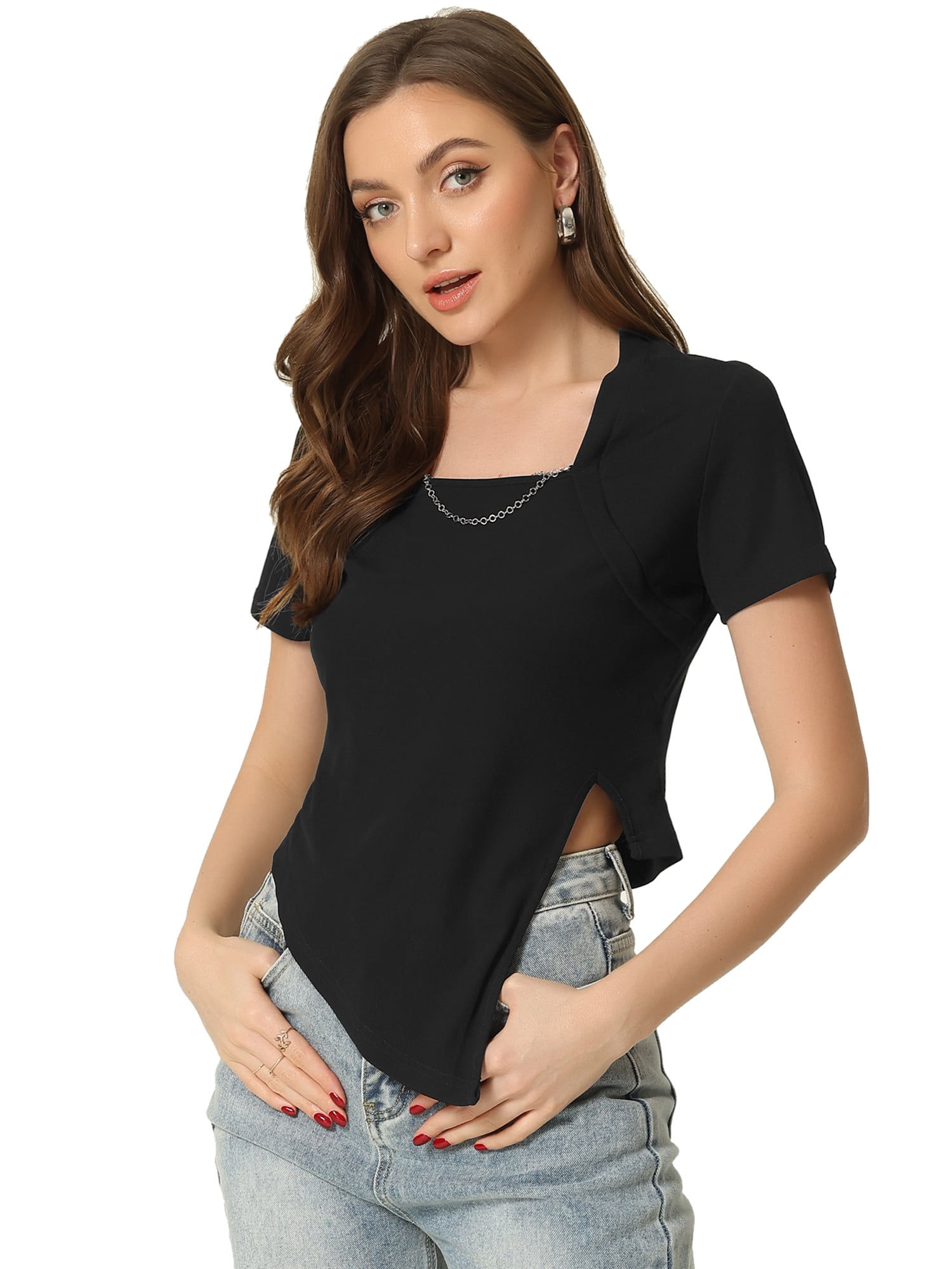 Unique Bargains Asymmetrical Crop Top for Women's Short Sleeve Square ...