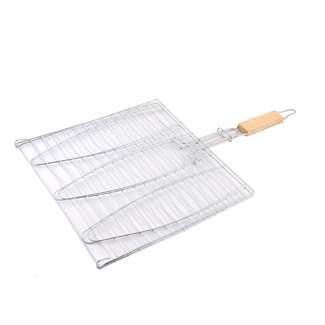 Unique Bargains BBQ Picnic Wooden Handle Metal Non-Stick Triple Fish ...