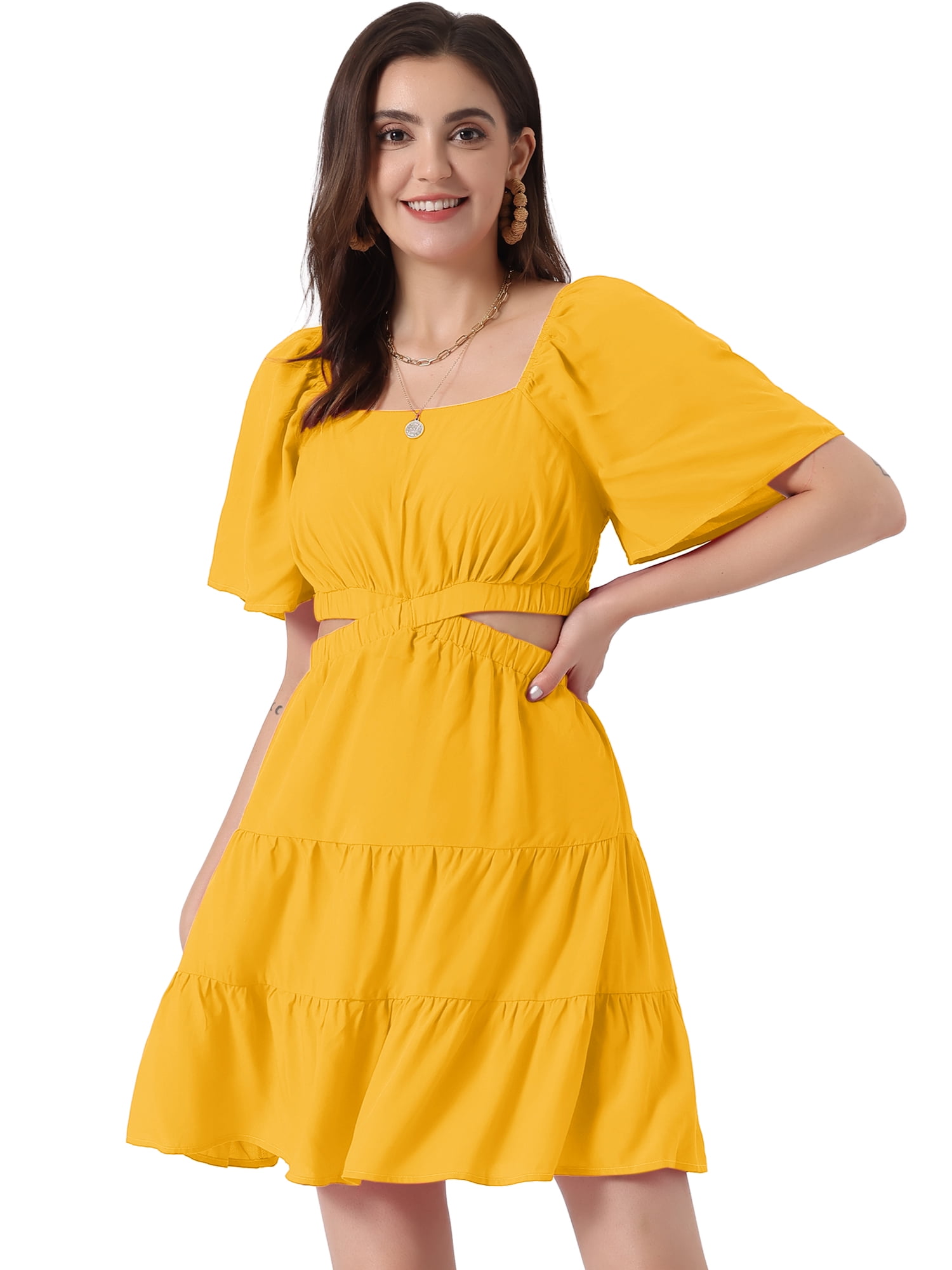 Unique Bargains Crossover Cutout Dress for Women's Short Sleeve Square ...