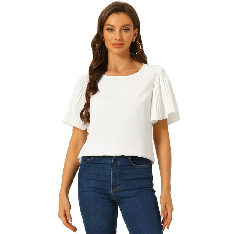 Unique Bargains Flutter Sleeve Tops for Women's Round Neck Unique Bargains Flutter Sleeve Tops for Women's Round Neck