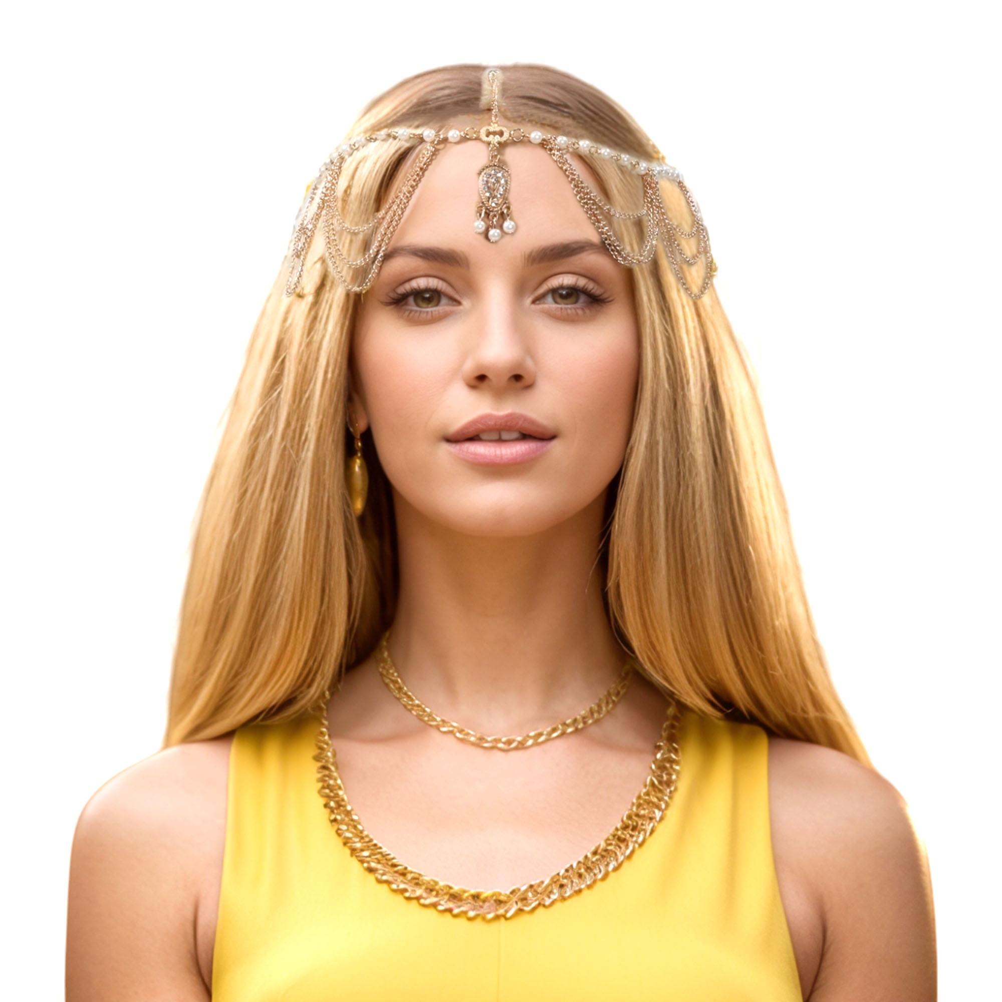 Unique Bargains Headpiece Faux Pearls Tassels Head Chain Gold Tone 1 Pc ...