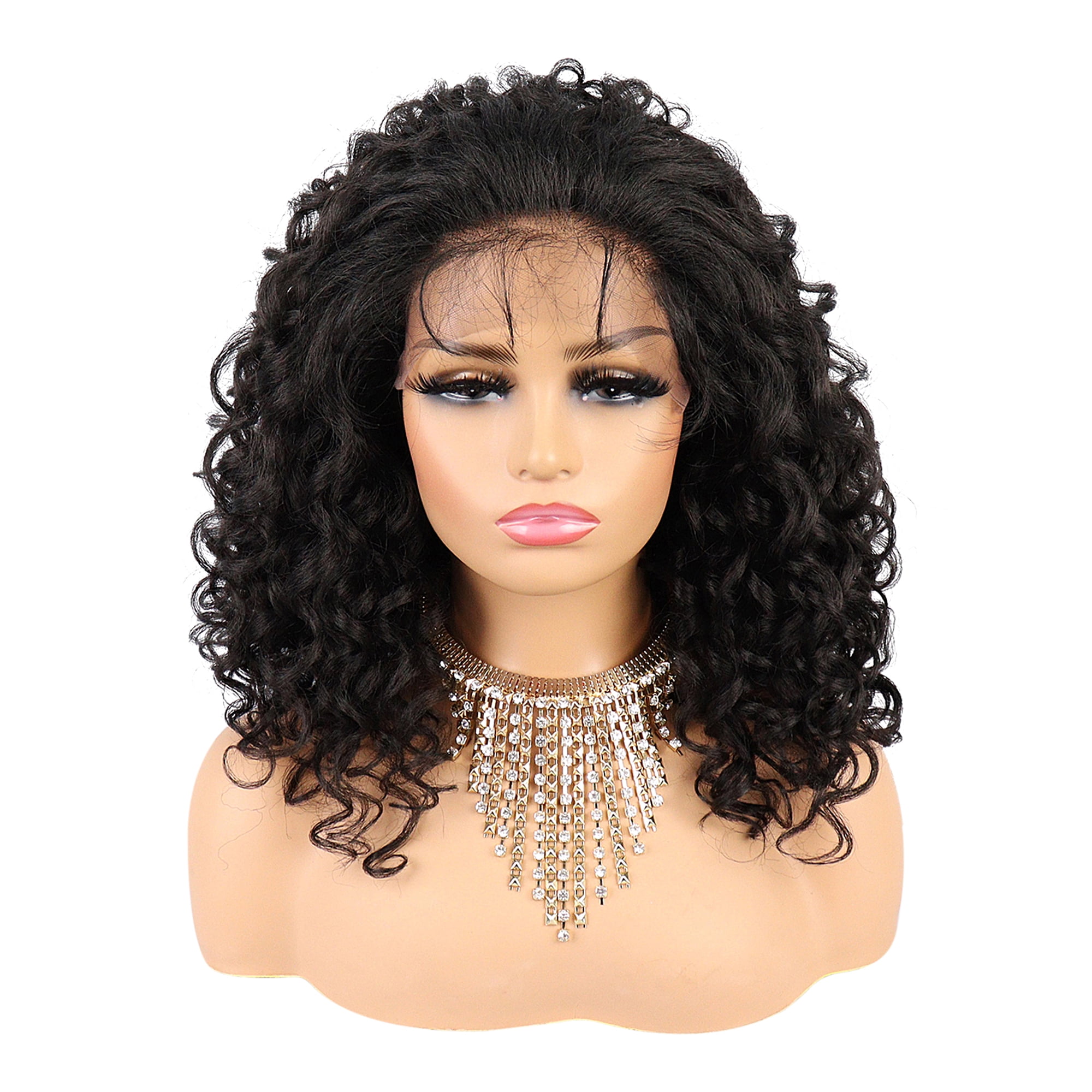 Unique Bargains Lace Front Wigs for Women 16" Black Medium Long Curly ...