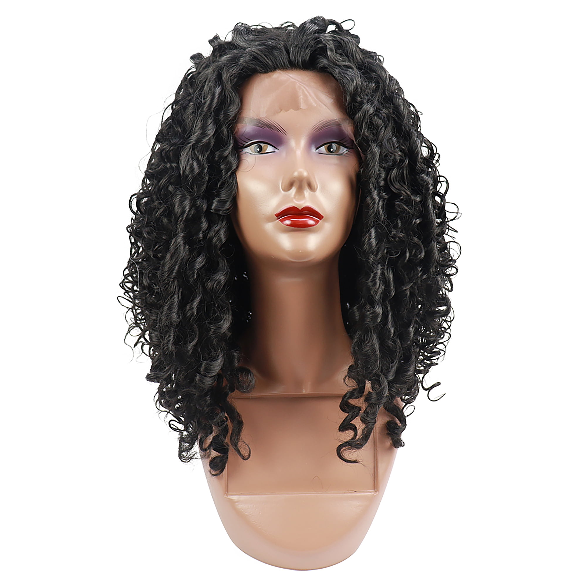 Unique Bargains Lace Front Wigs for Women 18" Black Long Curly Wigs ...
