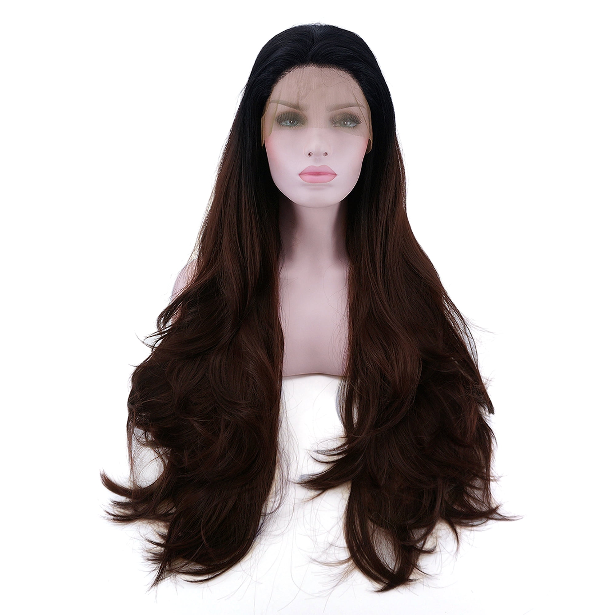 Unique Bargains Lace Front Wigs for Women 24" Black Gradient Dark Brown ...