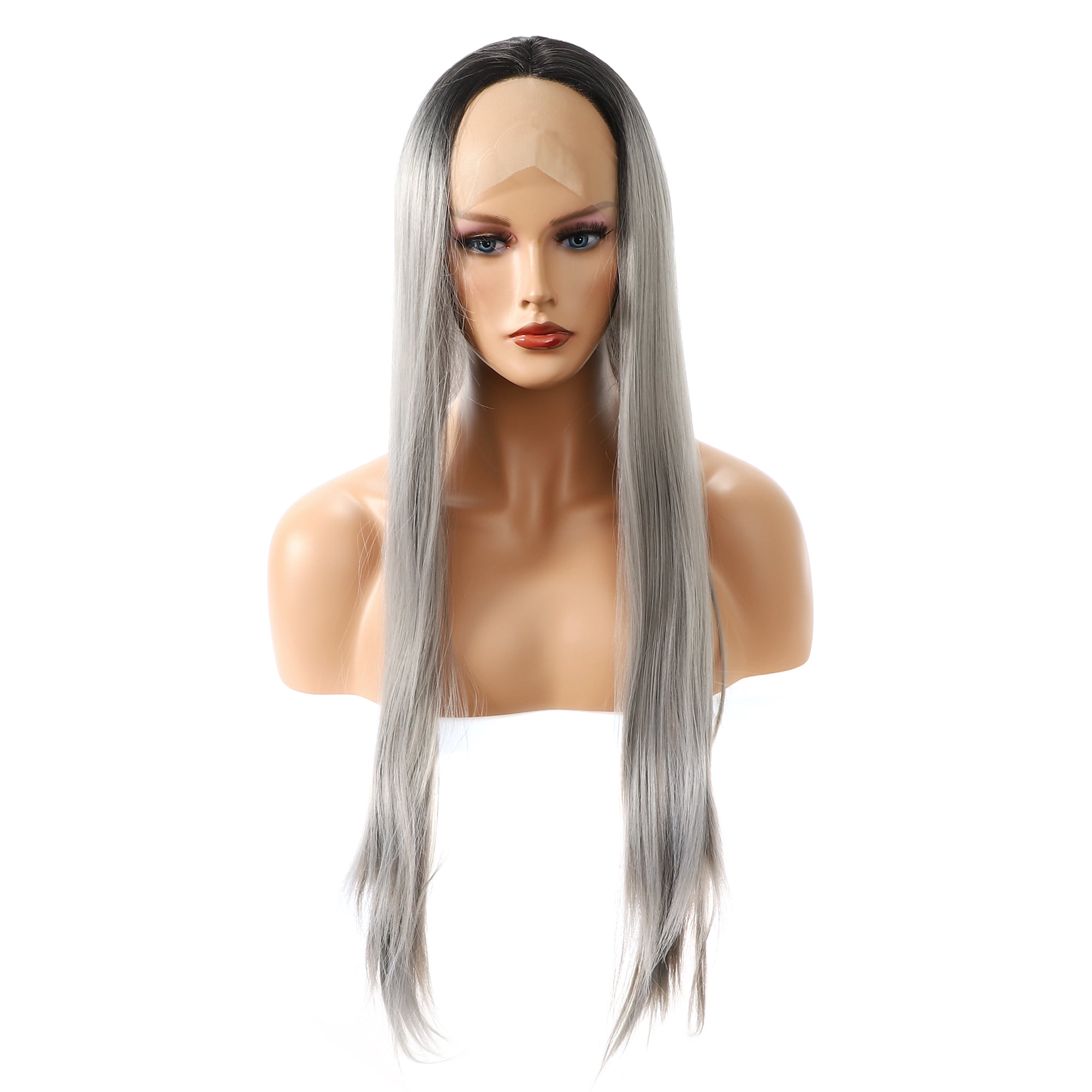 Unique Bargains Lace Front Wigs for Women 24" Black Gradient Gray Long ...
