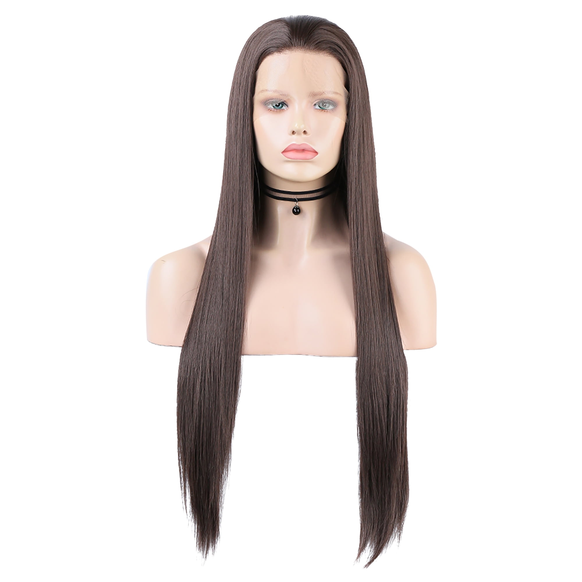 Unique Bargains Lace Front Wigs for Women 24" Dark Brown Long Straight ...