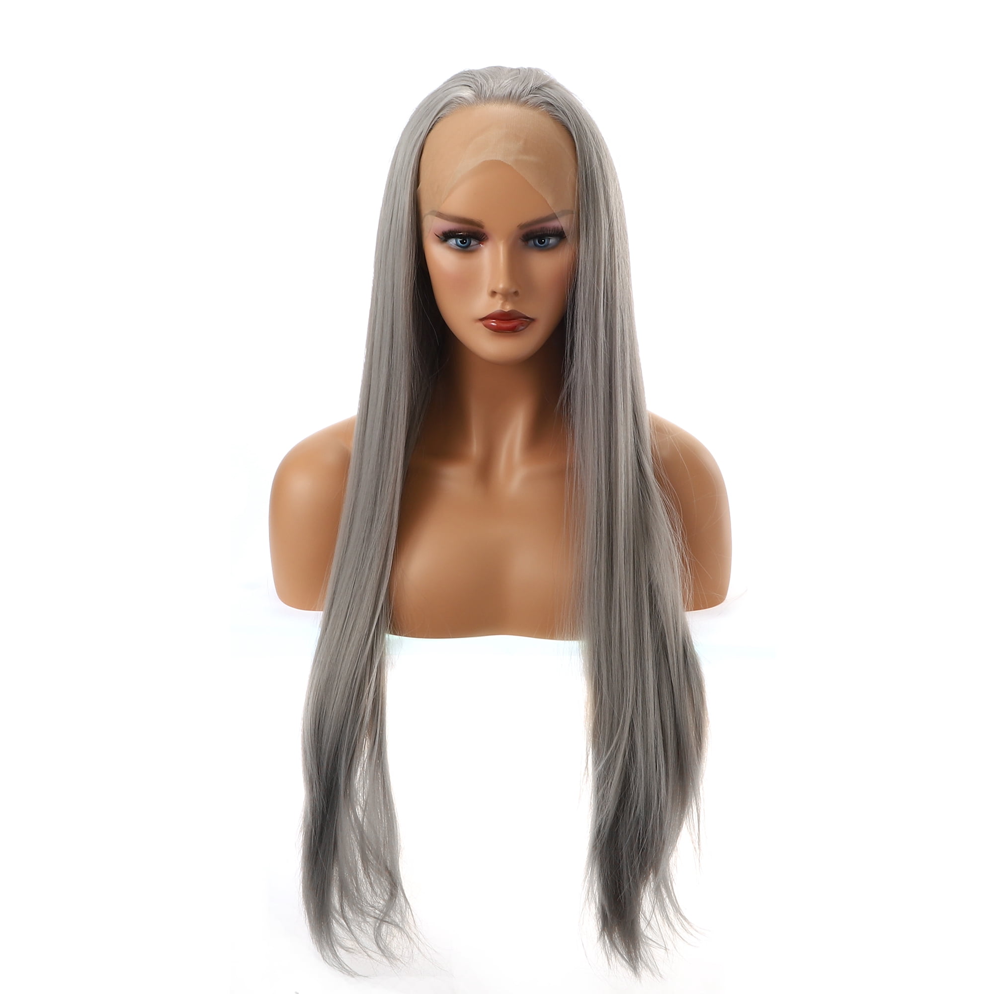 Unique Bargains Lace Front Wigs for Women 24" Gray Long Straight Hair ...