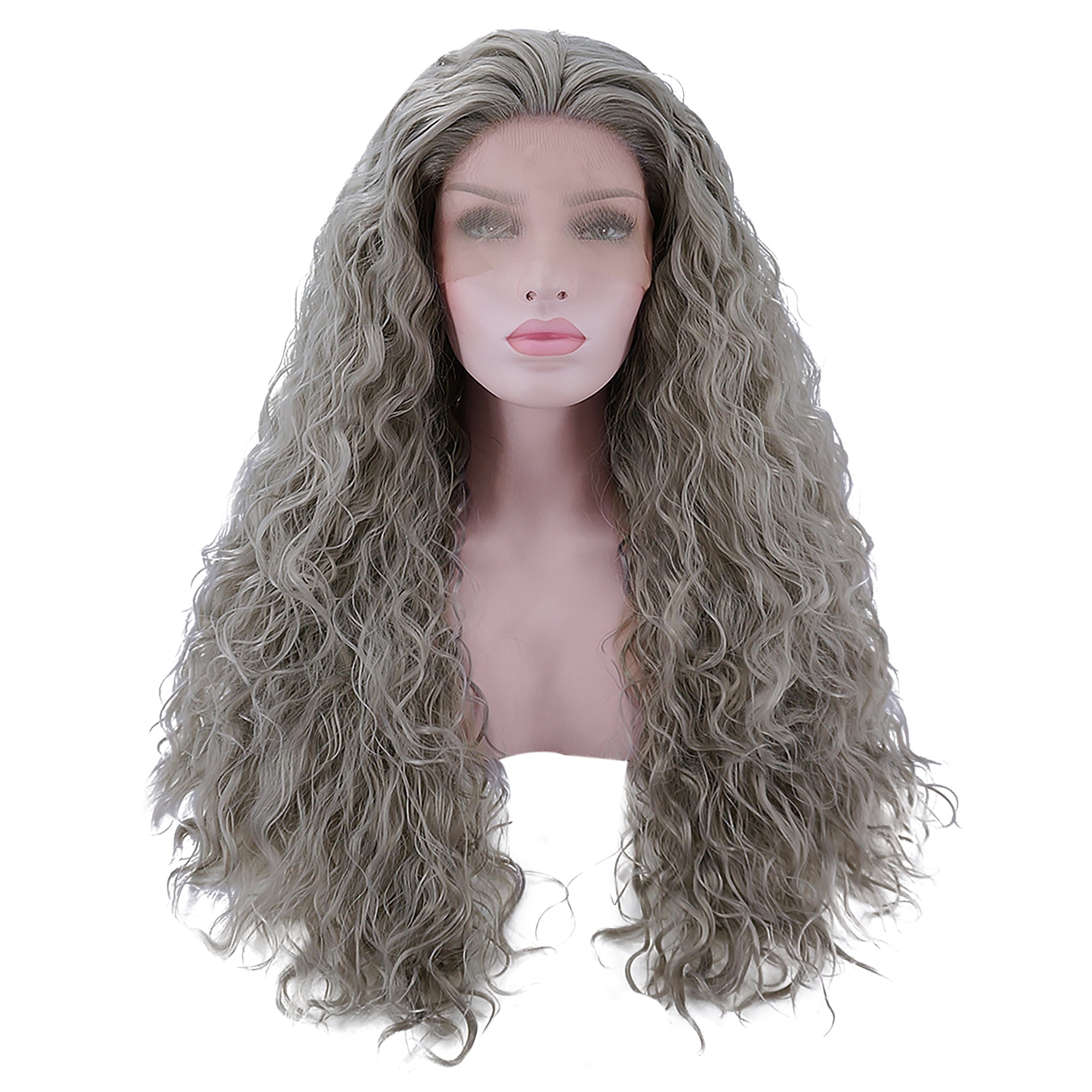 Unique Bargains Lace Front Wigs for Women 24" Gray Long Water Wave with ...