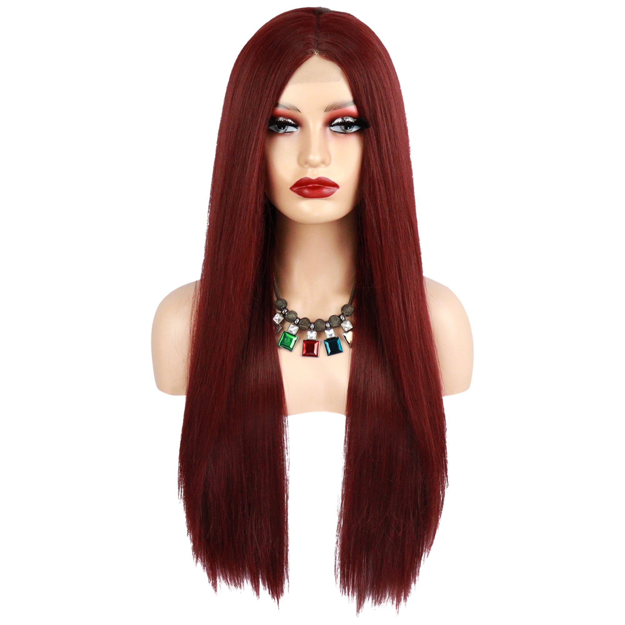 Unique Bargains Lace Front Wigs for Women 26" Wine Red Long Straight ...