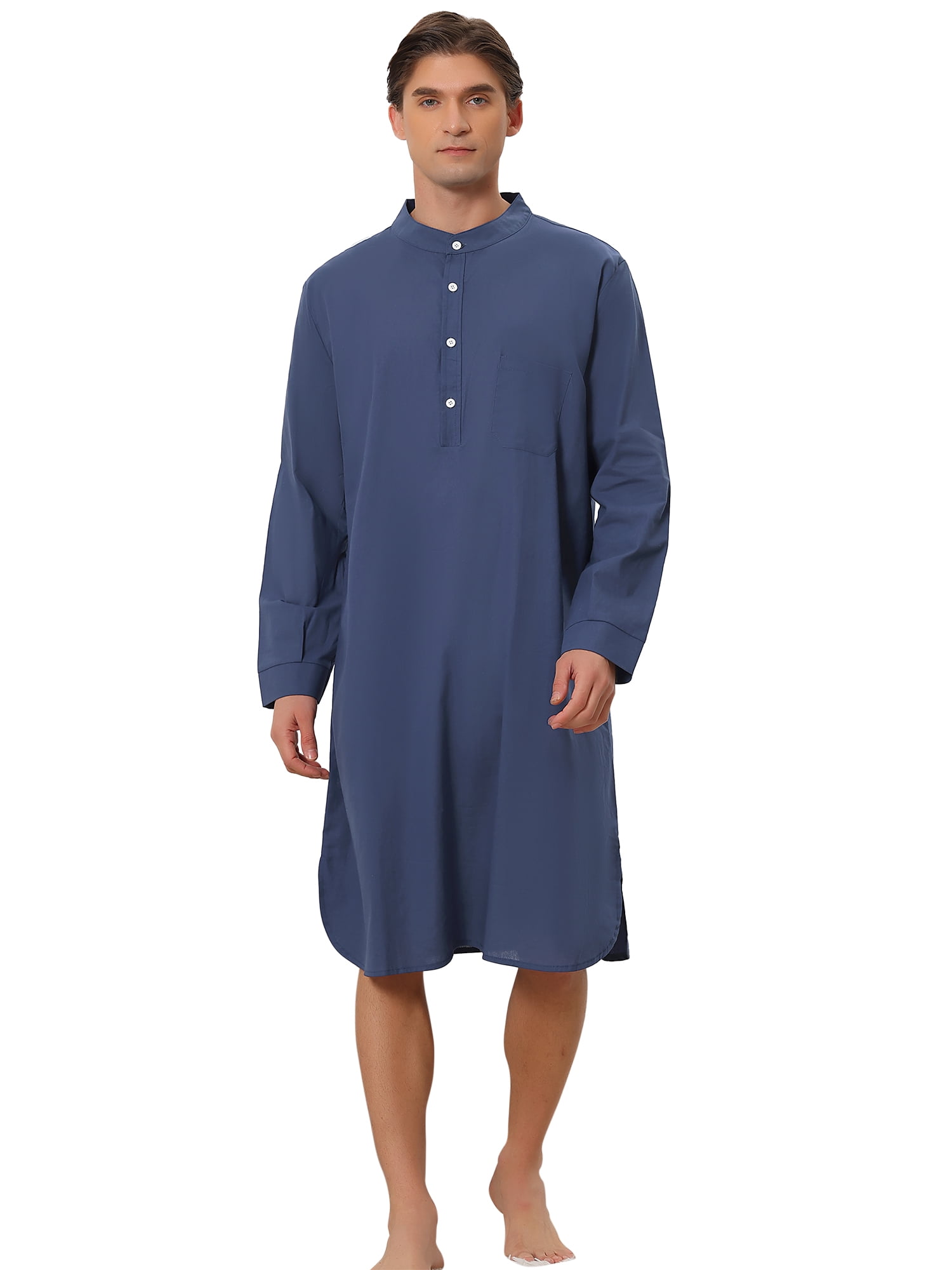 Unique Bargains Men's Cotton Banded Collar Nightshirt with Pocket, Navy ...