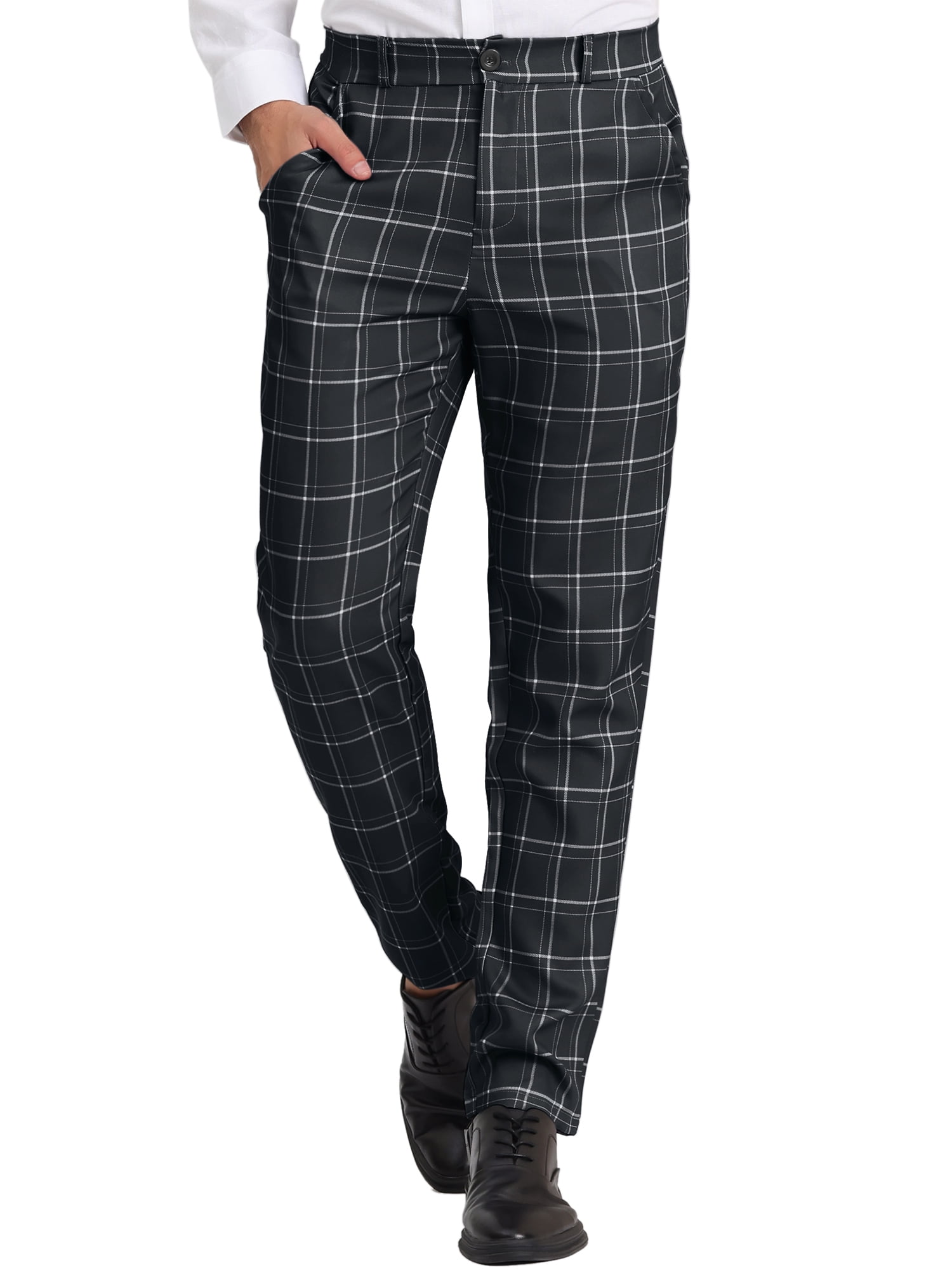 Unique Bargains Men's Dress Pants Slim Fit Checked Flat Front Business ...
