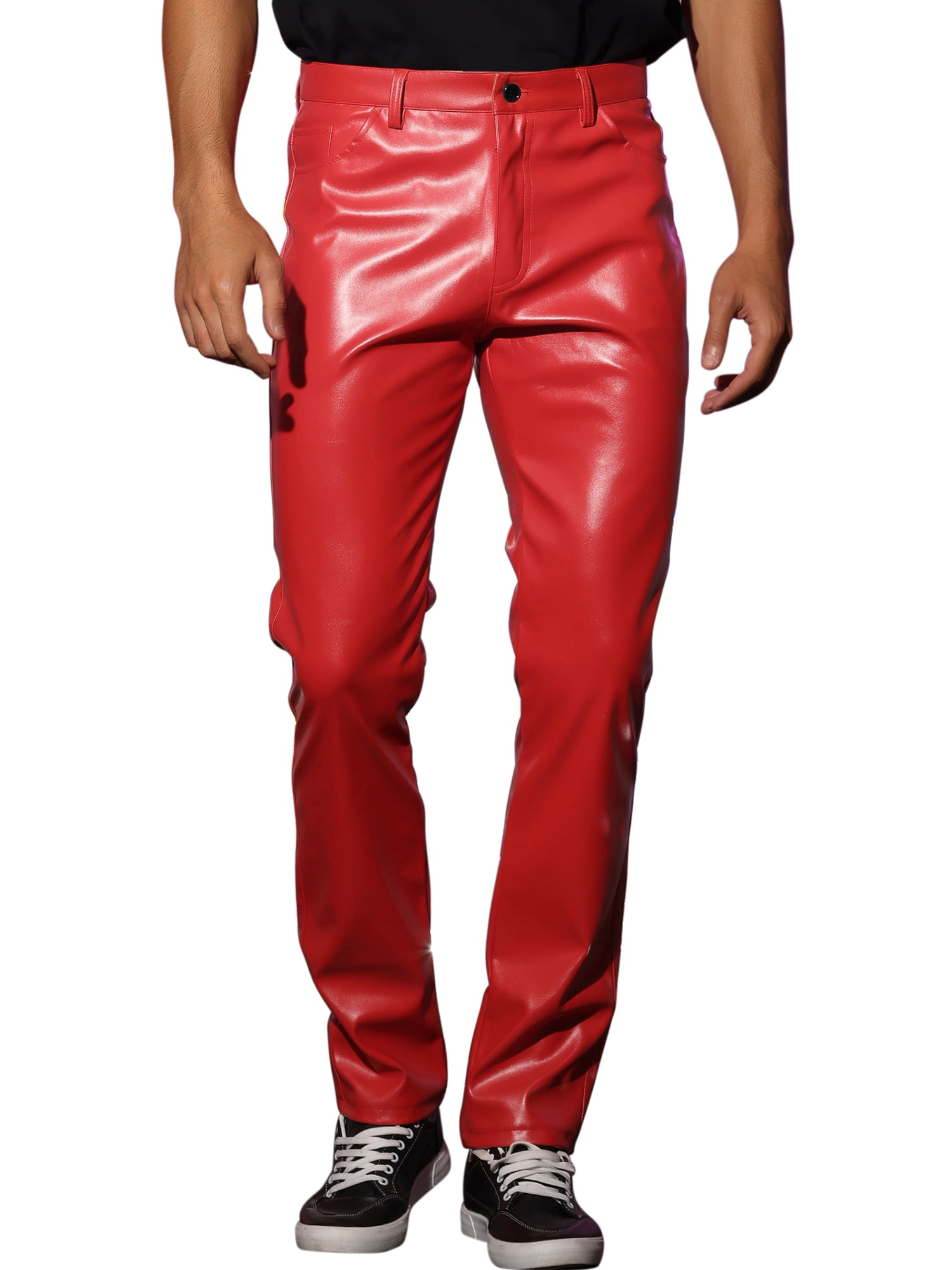 Unique Bargains Men s Faux Leather Pants Slim Fit Solid Nightclub Disco Trousers 36 Red Walmart