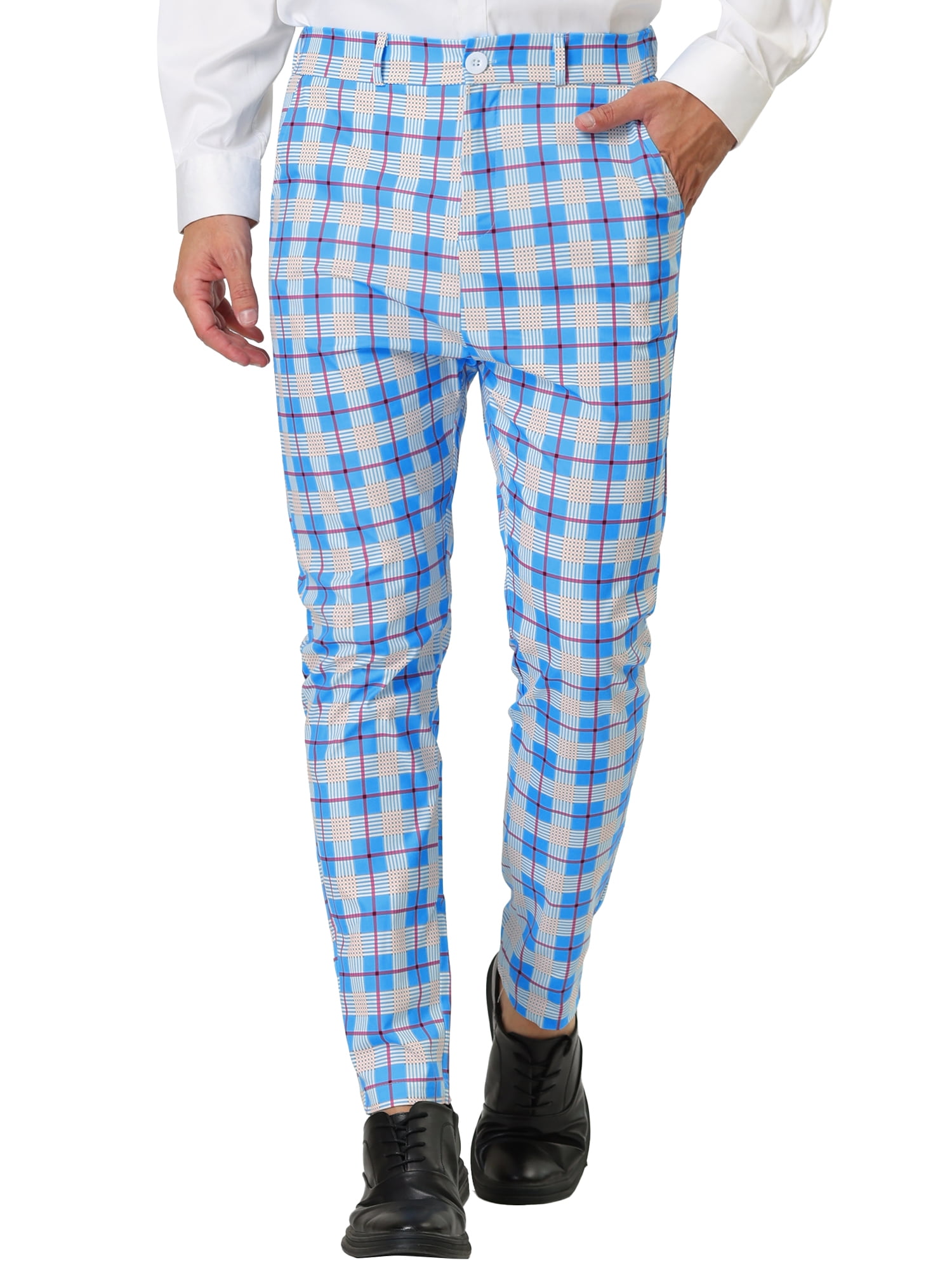 Unique Bargains Men's Formal Color Block Slim Fit Flat Front Plaid ...