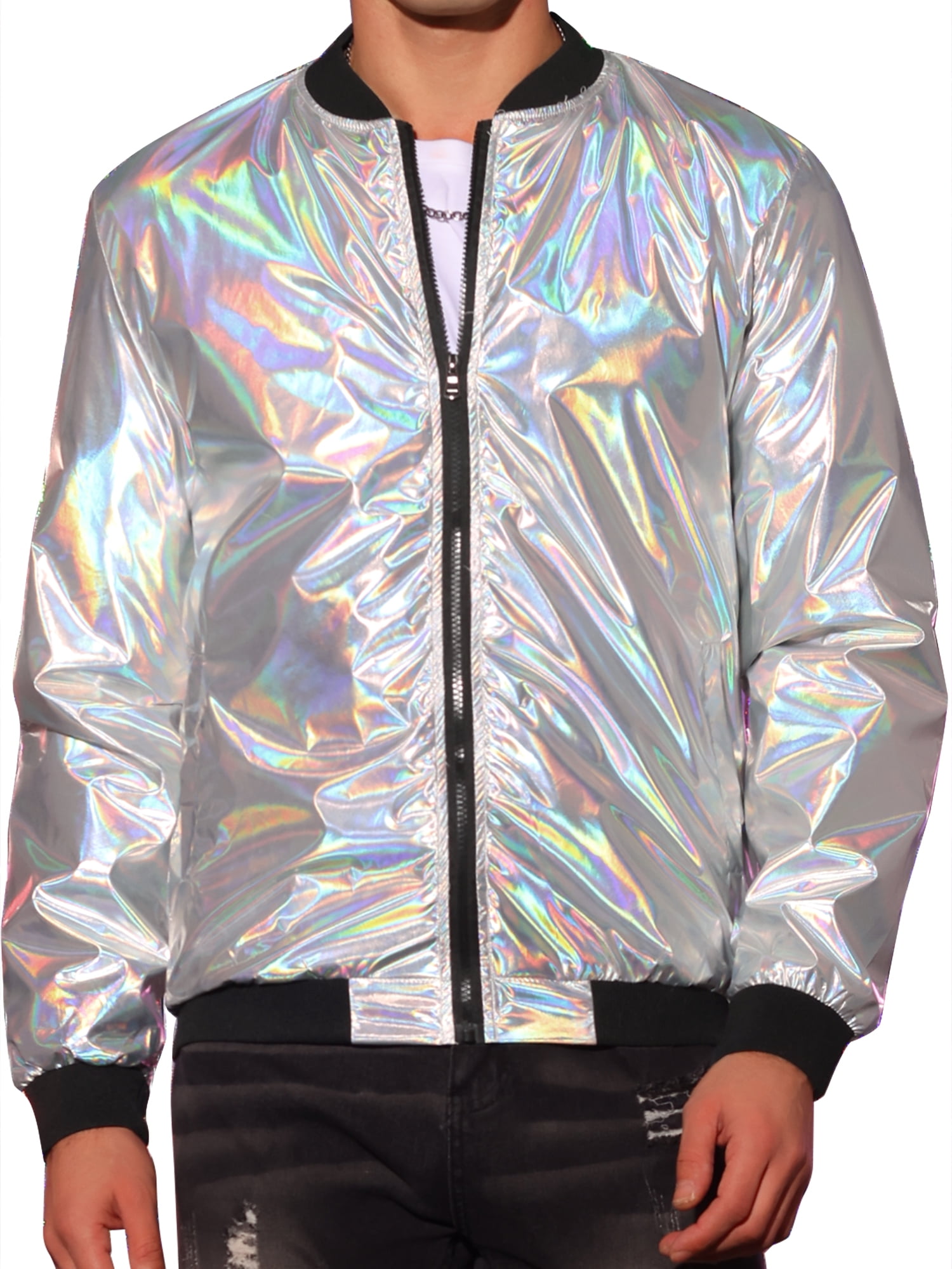 Unique Bargains Men's Holographic Baseball Zipper Disco Metallic Bomber ...