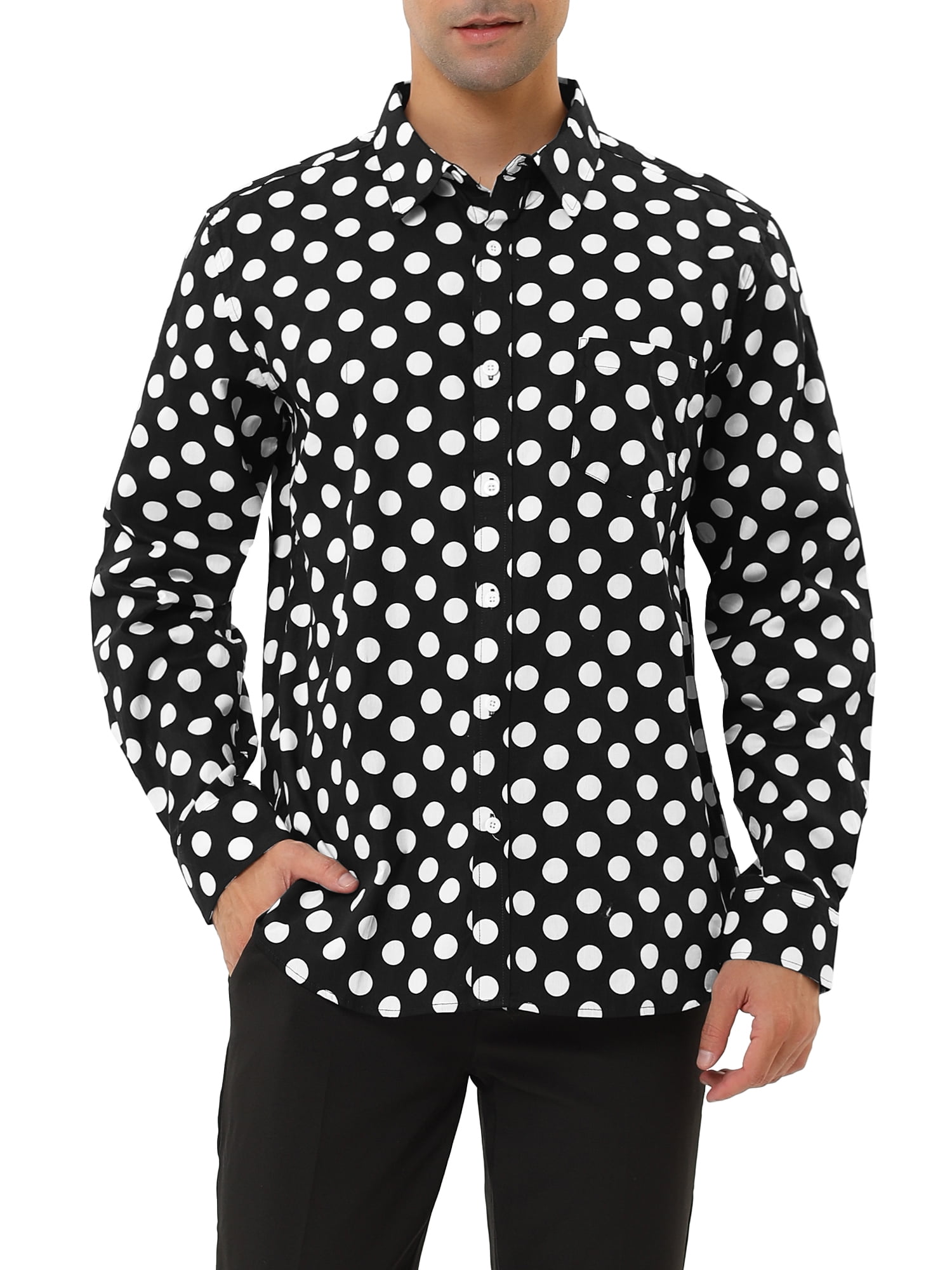 Unique Bargains Men's Long Sleeve Button Slim Polka Dots Shirt 34 Black White - Walmart.com