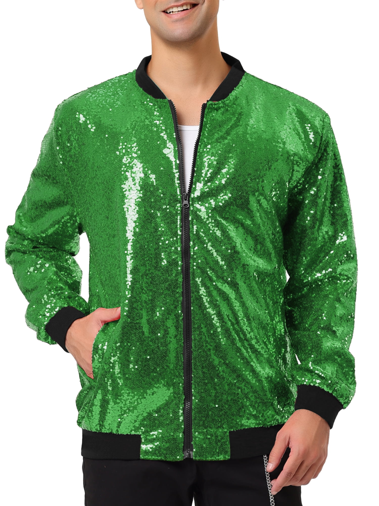 Unique Bargains men's Sequin Varsity Zipper Bomber Jacket - Light Green ...