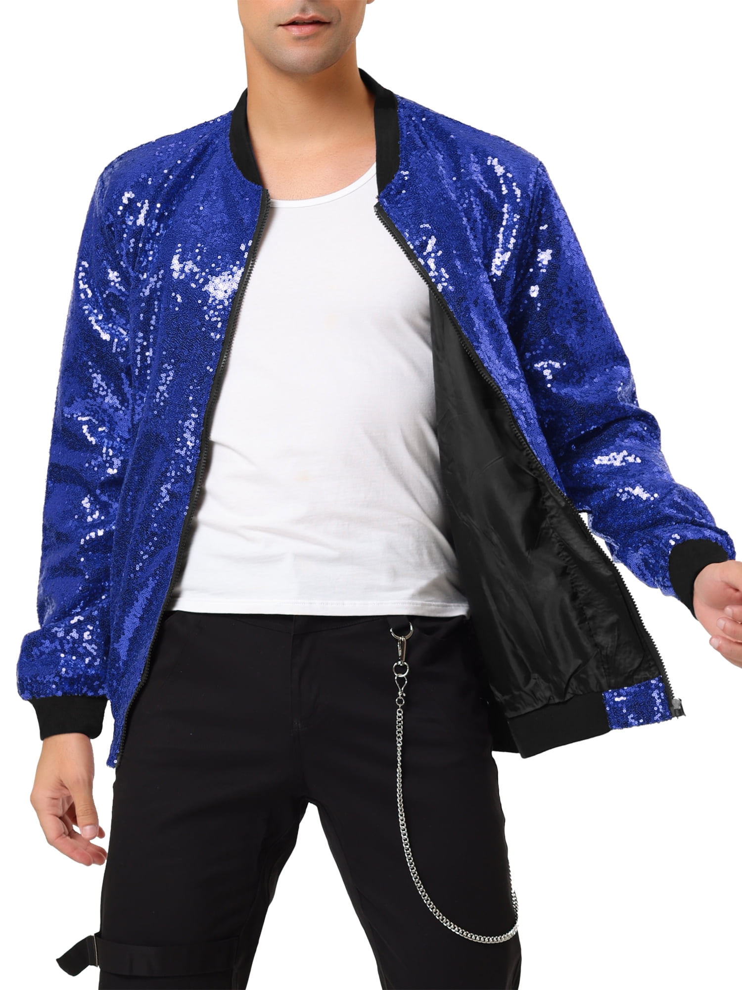 Unique Bargains Men's Long Sleeves Sequin Varsity Zipper Bomber Jacket ...