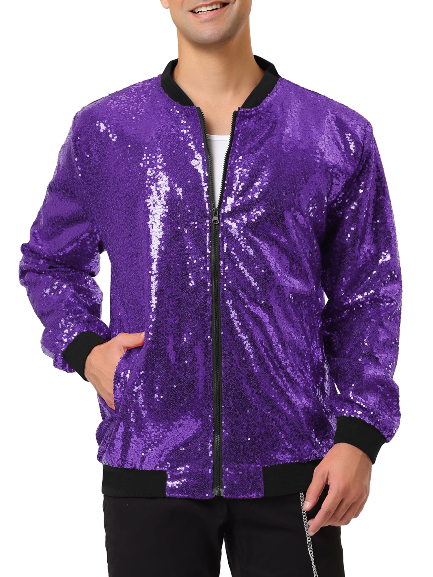 Unique Bargains Men's Long Sleeves Sequin Varsity Zipper Bomber Jacket ...