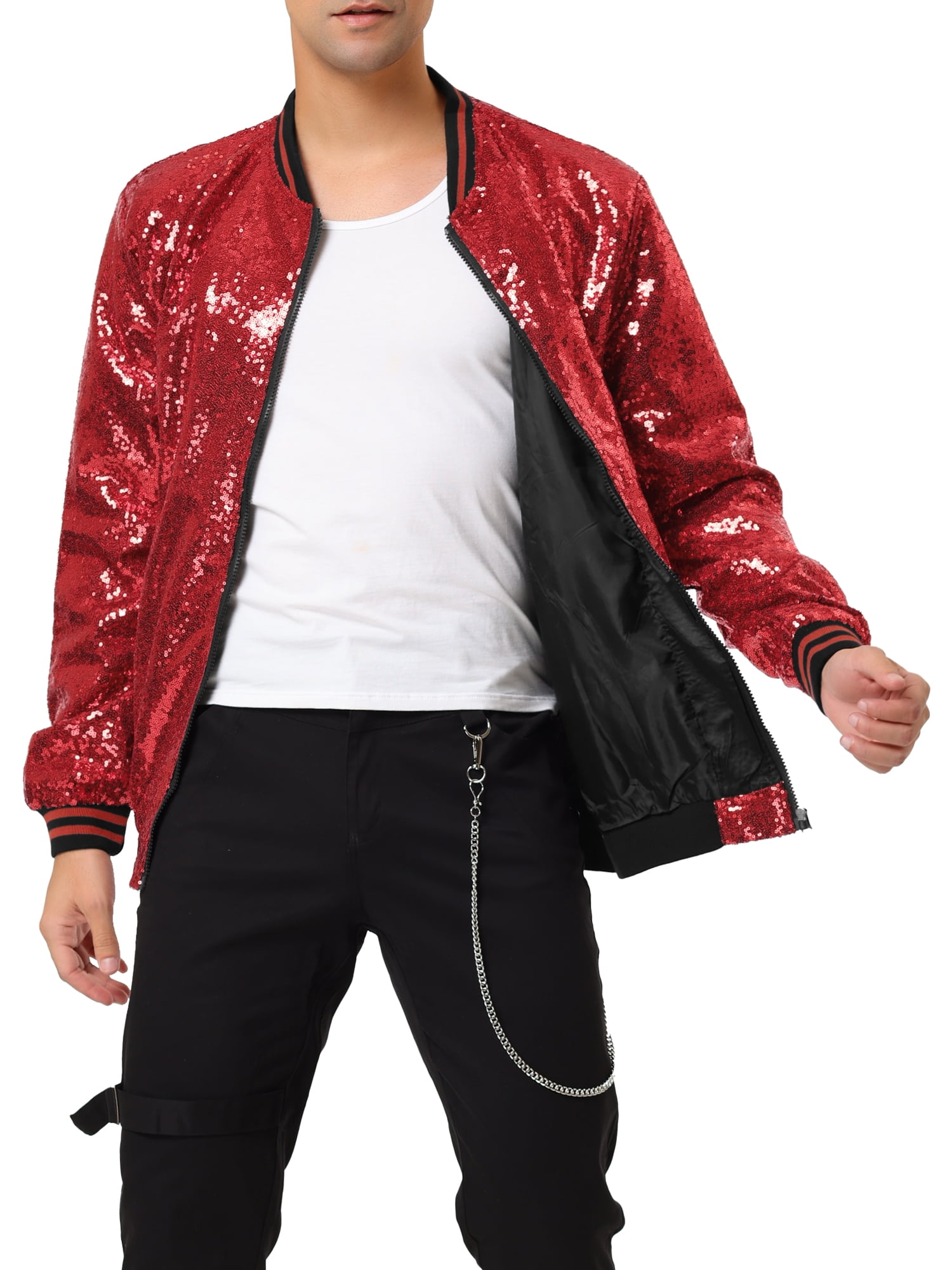 Unique Bargains Men's Long Sleeves Sequin Varsity Zipper Bomber Jacket ...