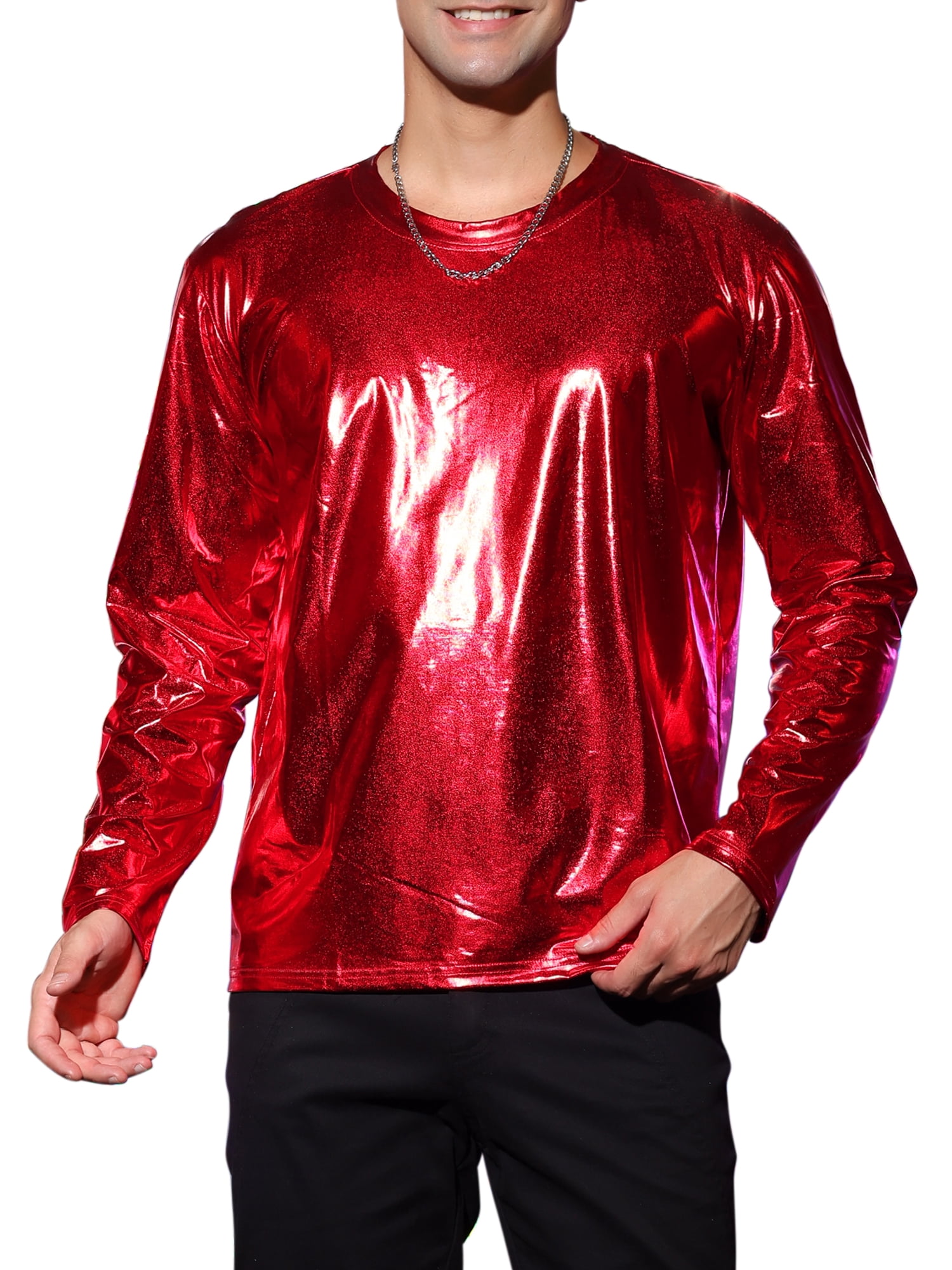 Unique Bargains Men's Metallic Long Sleeve T-Shirt, Red, Stretch Fabric ...