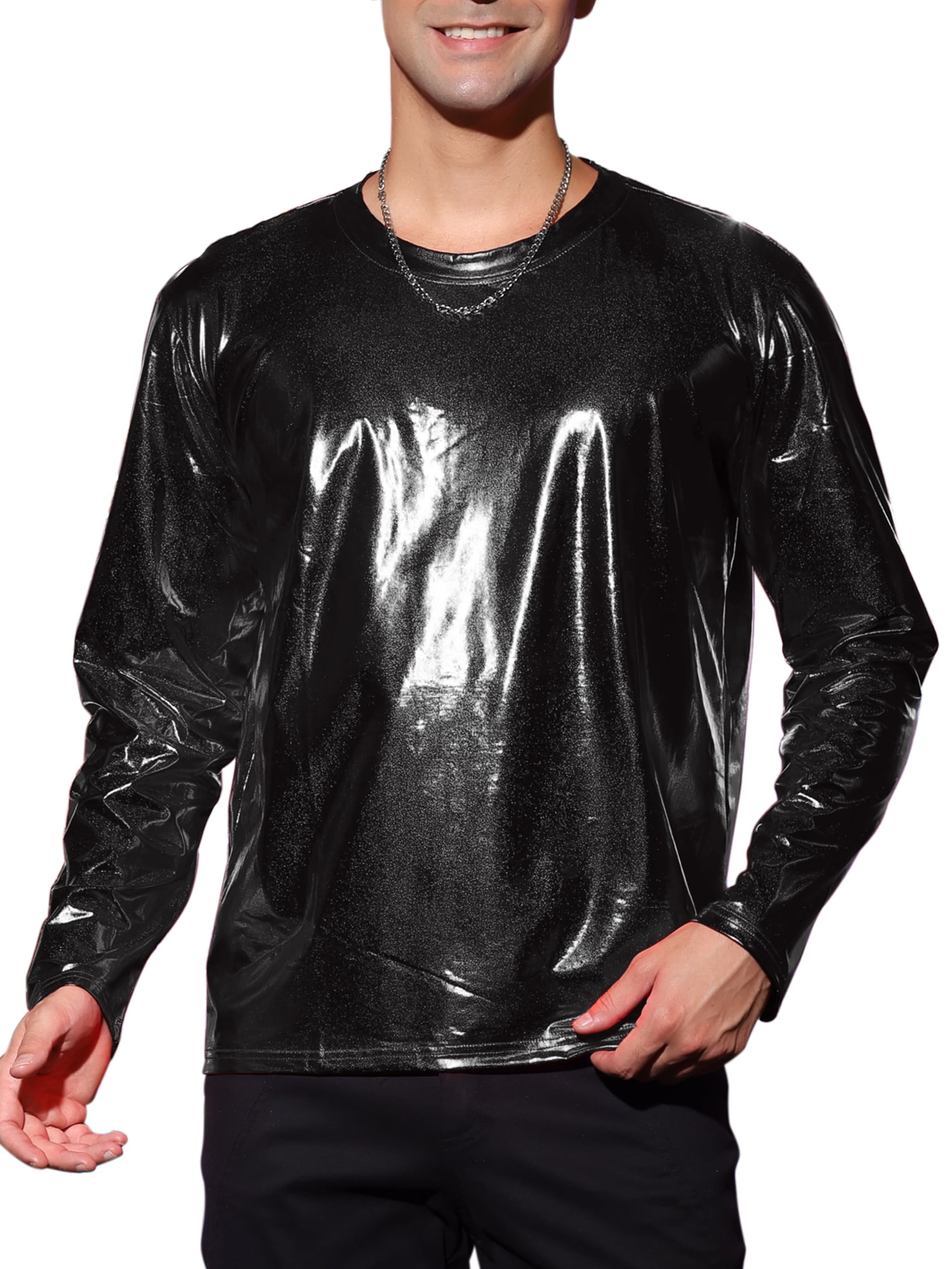 Unique Bargains Men's Metallic T-Shirt Round Neck Long Sleeve Shining ...