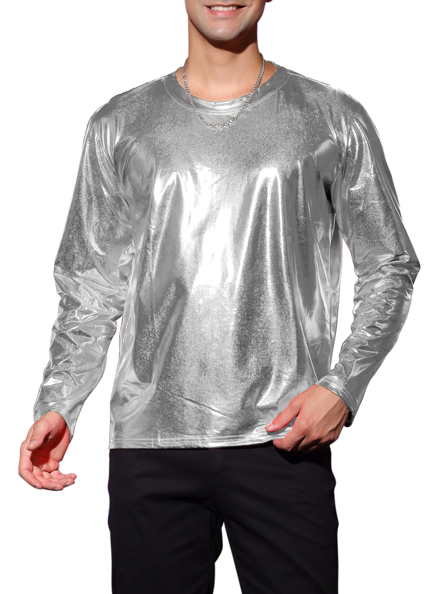 Unique Bargains Men's Metallic Long Sleeve Disco T-Shirt XL Silver ...