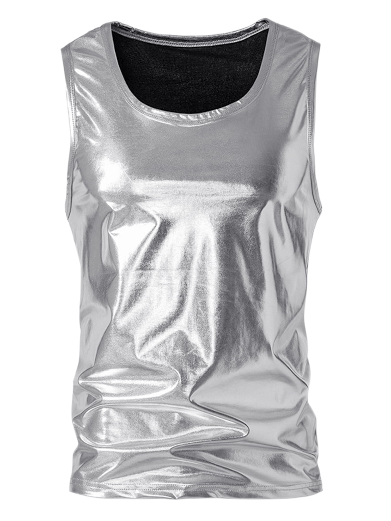 Unique Bargains Men's Metallic Tank Top Round Neck Shiny Disco Party ...