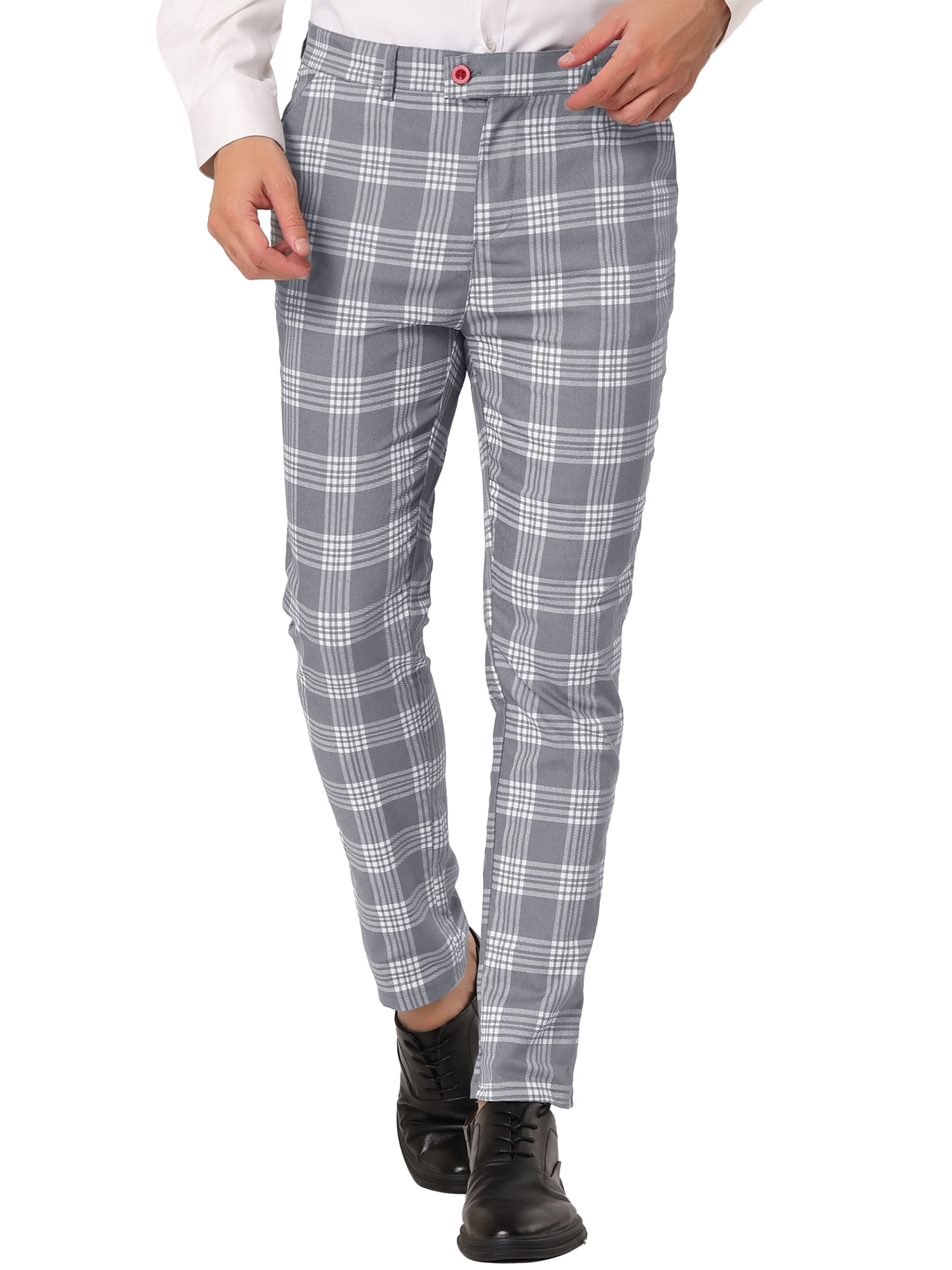 Unique Bargains Men's Plaid Pants Casual Slim Fit Flat Front Skinny Checked Dress Pants 30 Gray ...