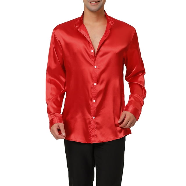 Unique Bargains Men's Satin Band Collar Long Sleeve Slim Fit Solid ...