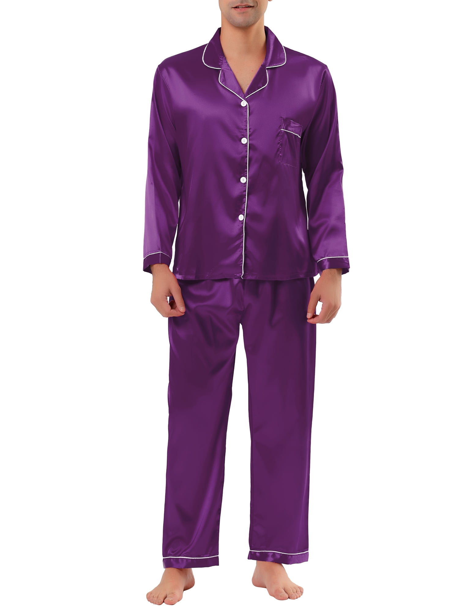 Unique Bargains Mens Satin Pajama Sets Long Sleeves Button Down
