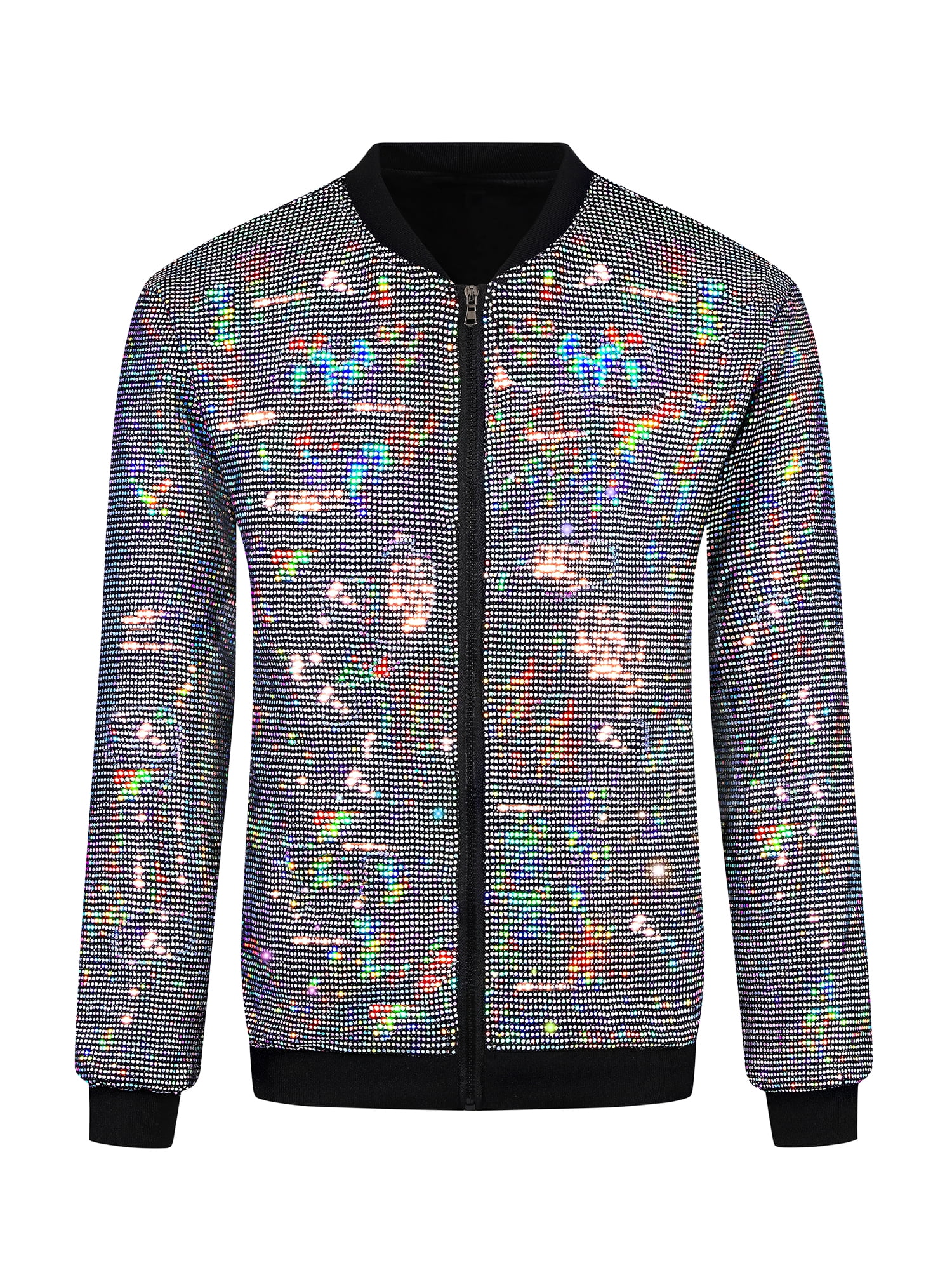Unique Bargains Men's Sequin Varsity Zipper Party Disco Sparkle Bomber ...