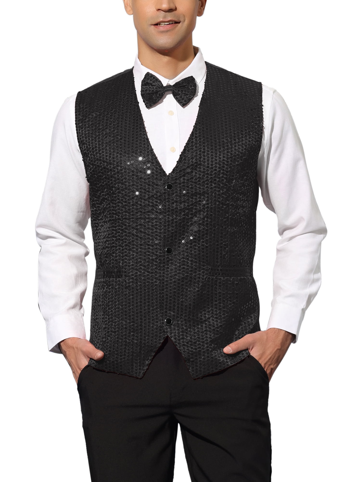 Unique Bargains Men's Sequin Waistcoat Sleeveless Dress Suit Vest with ...