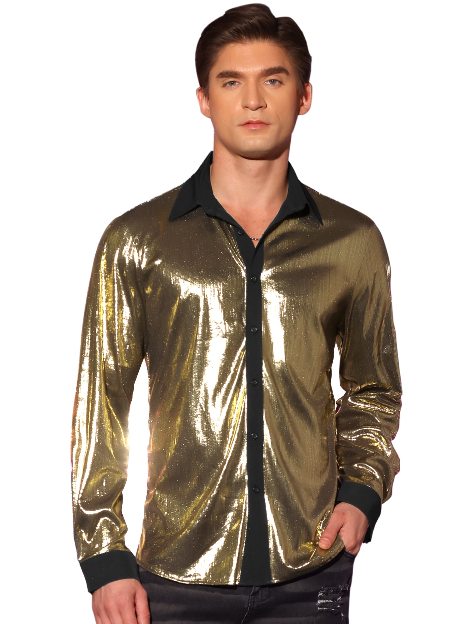Unique Bargains Men's Shiny Metallic Shirt Long Sleeves Button Party ...