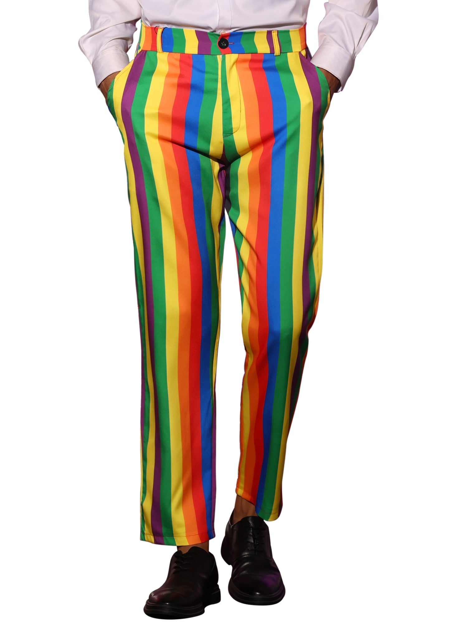 Unique Bargains Men's Rainbow Striped Dress Pants Color Block Trousers ...