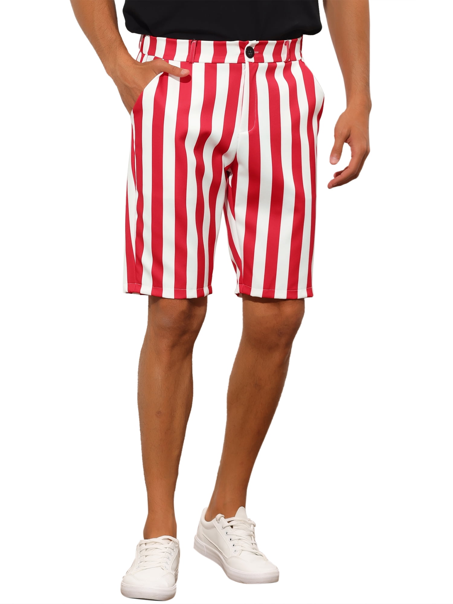 Unique Bargains Men's Striped Chino Shorts 36 Red White Polyester ...