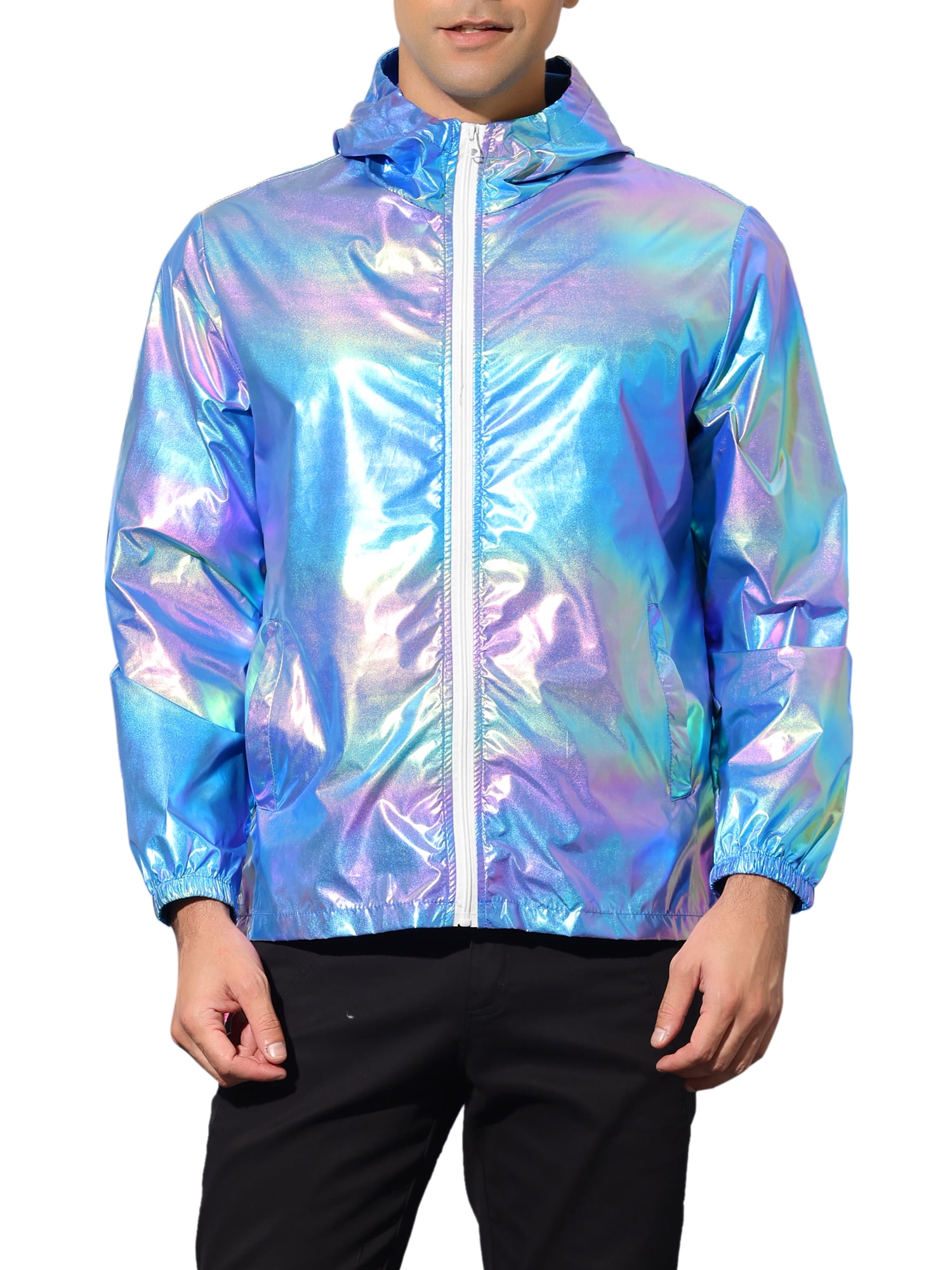 Unique Bargains Men's Zip up Hooded Metallic Lightweight Holographic ...