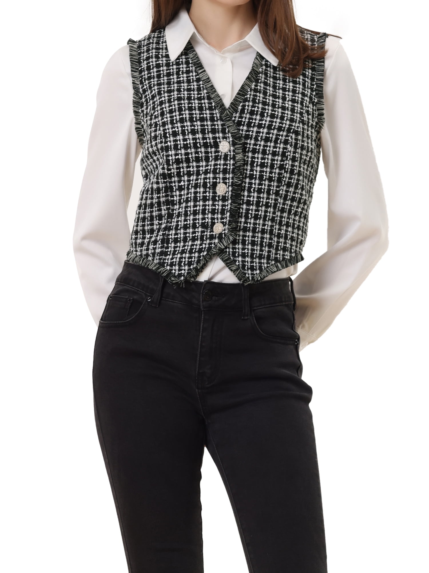 Unique Bargains Plaid Waistcoat for Women's Fringe Trim Vintage Suit ...
