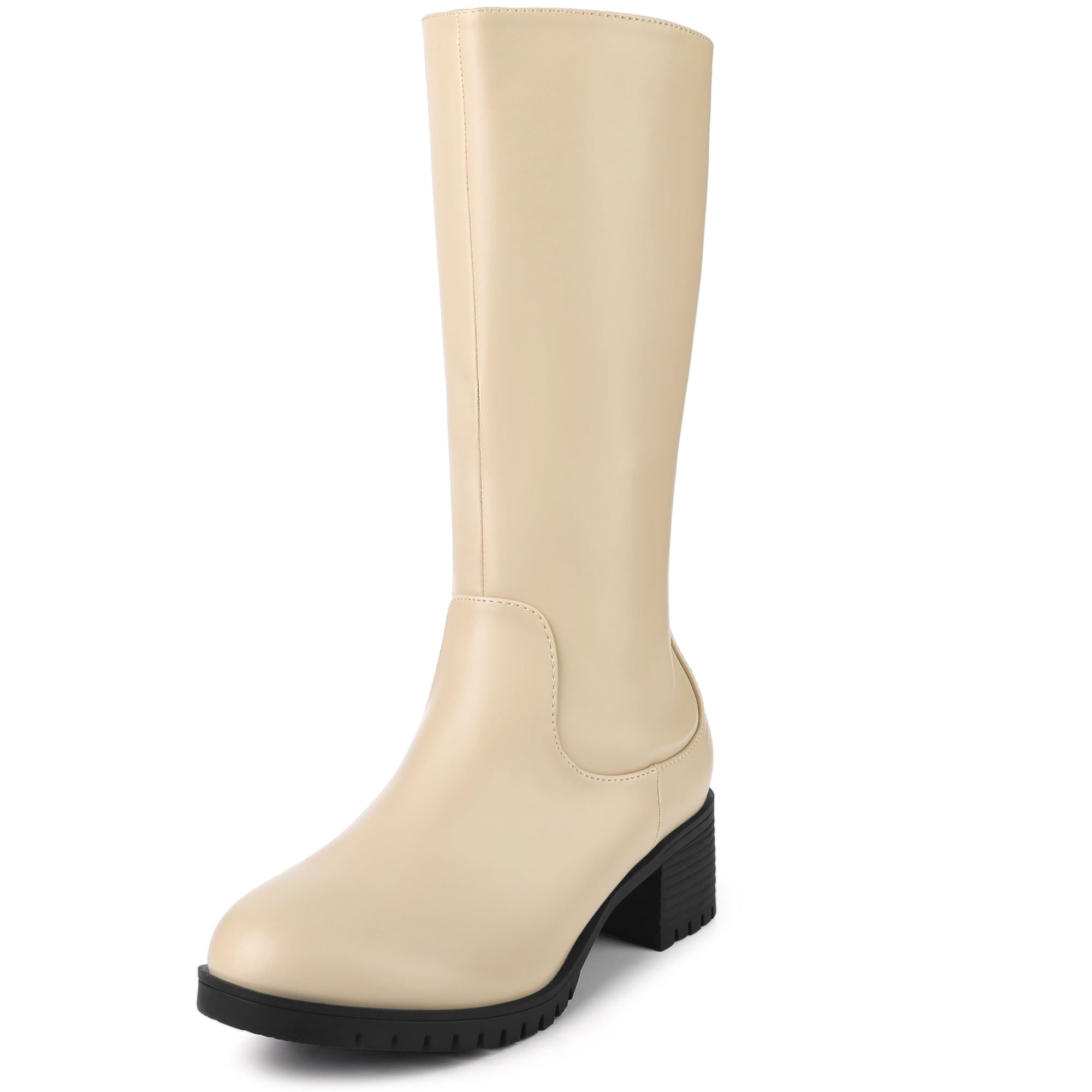 Unique Bargains Beige Mid Calf Boots Chunky Heels - Walmart.com