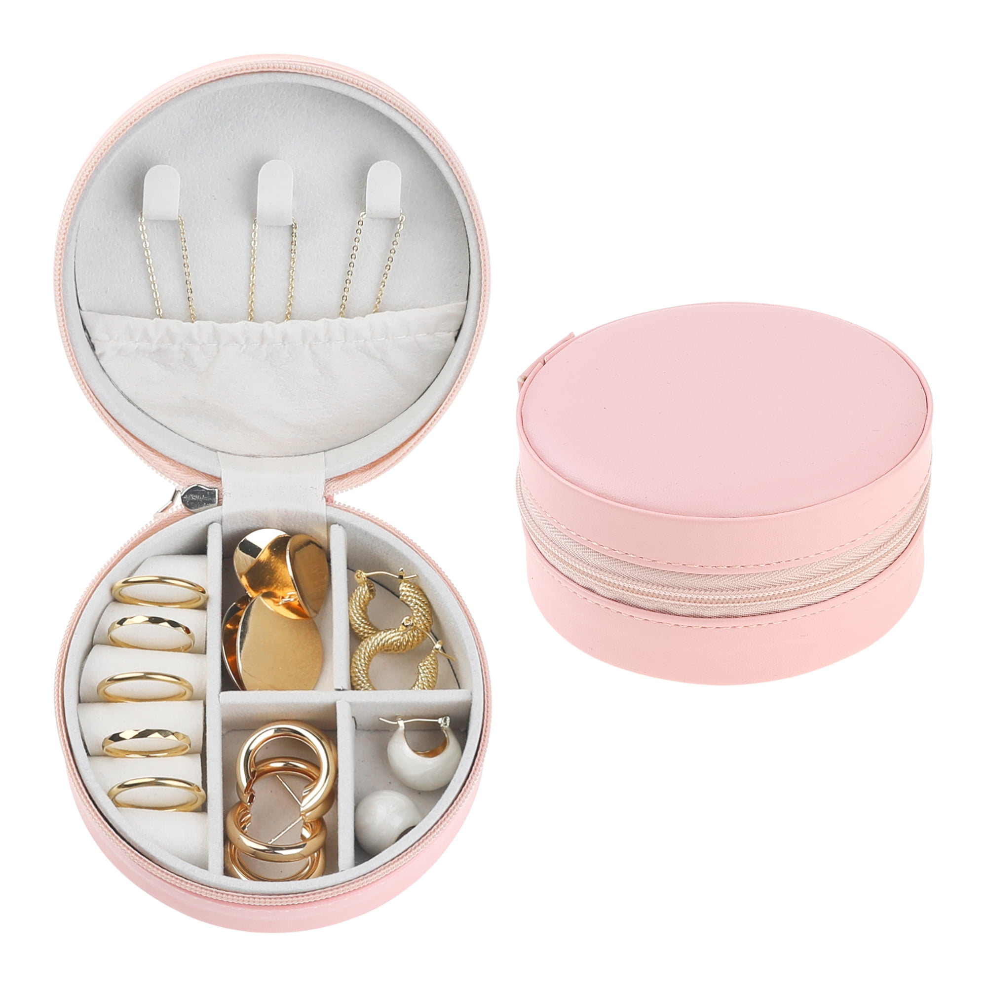 Unique Bargains Travel Jewelry Box Small Round Portable PU Leather Jewelry Organizer Case Pink Adult unisex