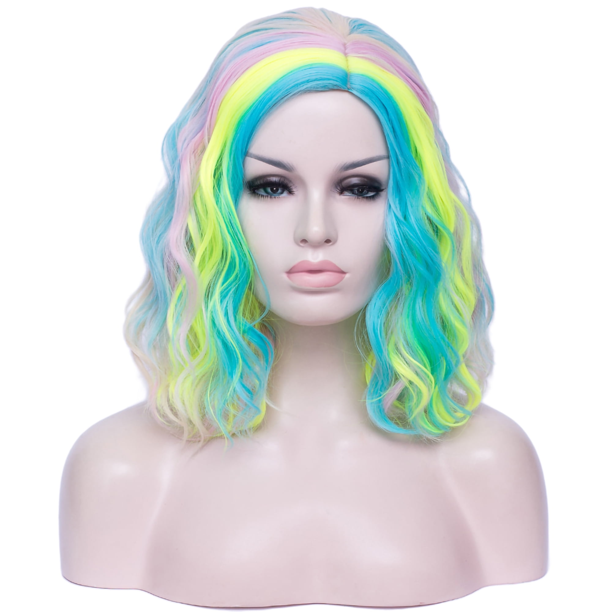 Unique Bargains Wigs for Women 14" Blue Yellow Highlight Curly Wig with ...