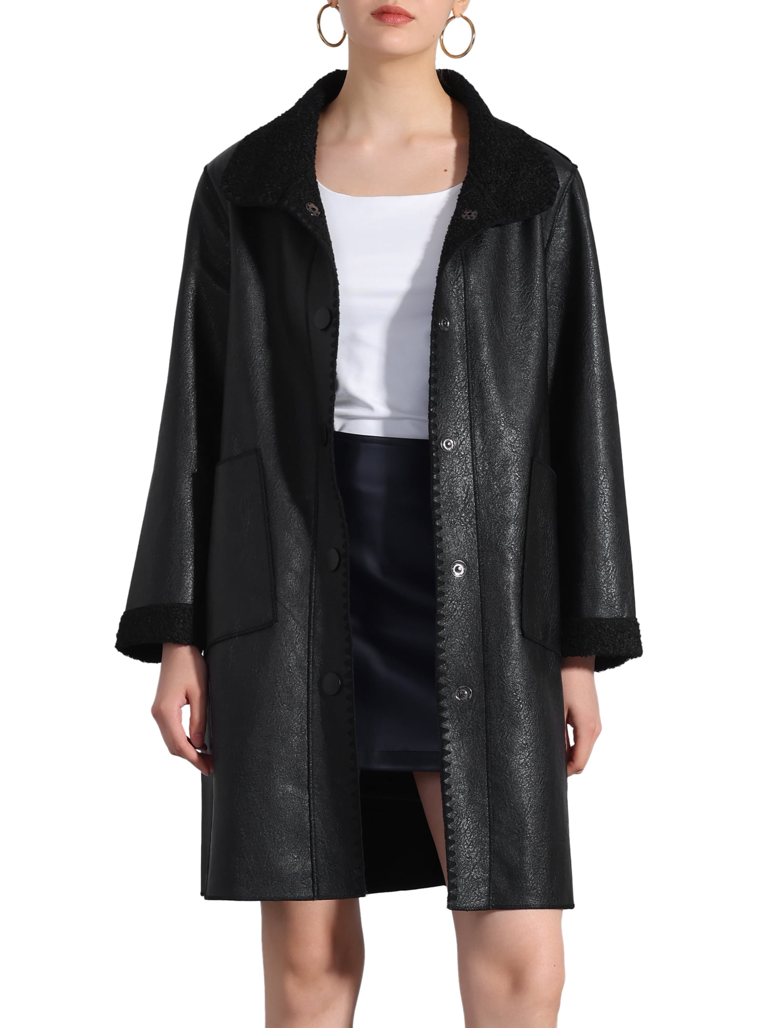 Unique Bargains Women Faux Leather Button Collar Classic Winter Jacket ...