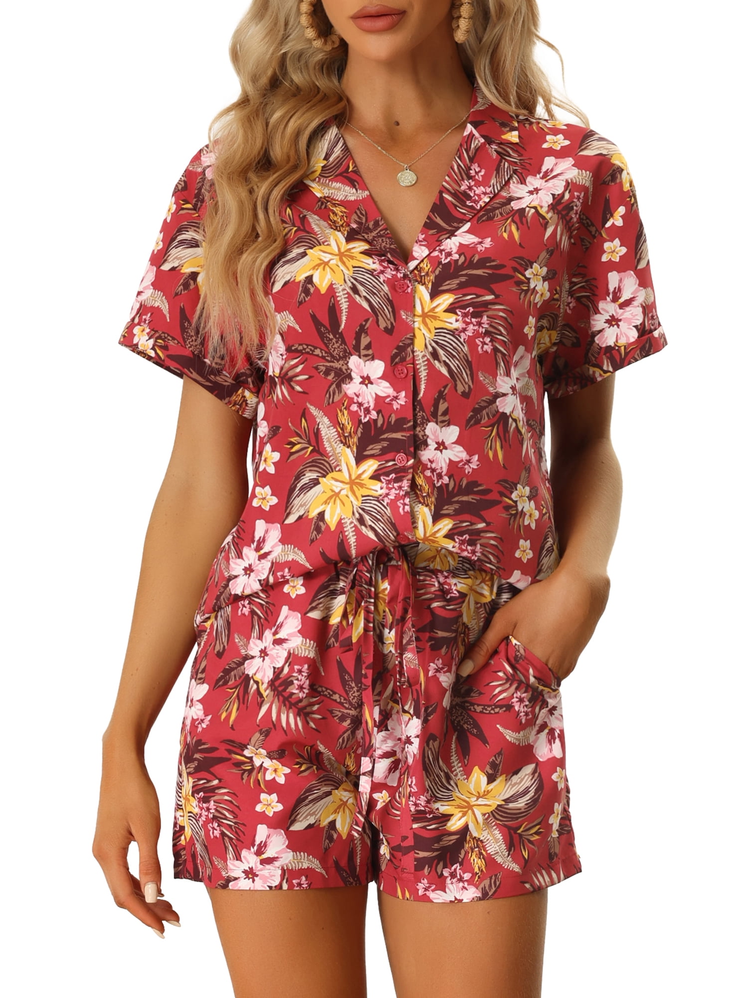 Unique Bargains Women Hawaiian Tropical 2023 Summer Button Down Sets S ...