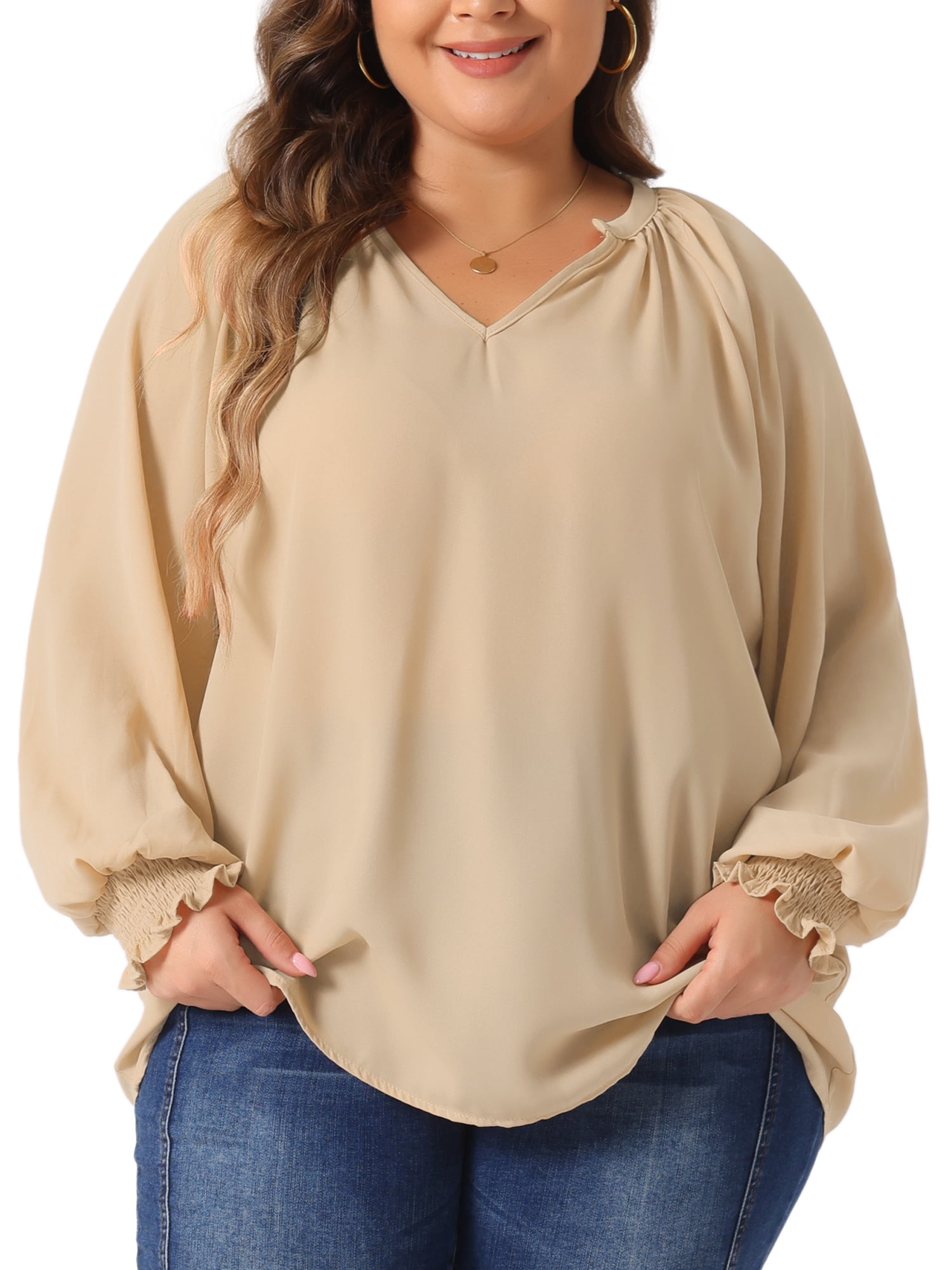 Unique Bargains Women' Plus Puff Ruffle Cuffs Casual Dressy Blouse 4X ...